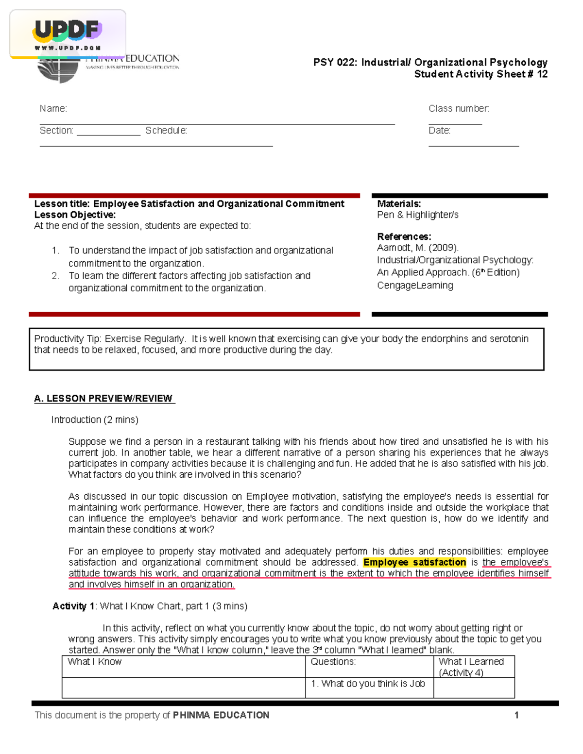 IO - Lesson 12 - industrial and organizational psychology - Student ...