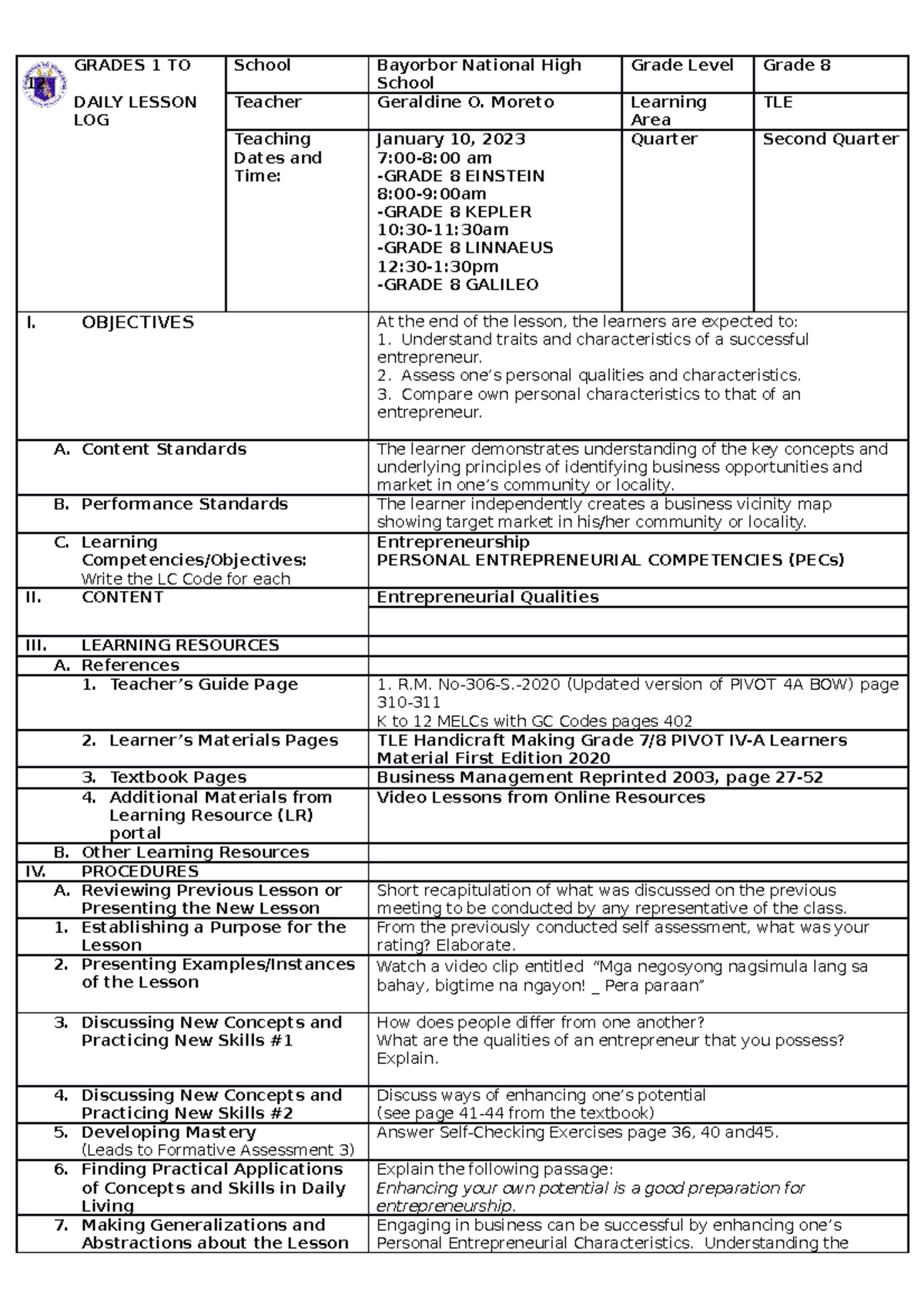 Week 8 Day 2 - students note - GRADES 1 TO 12 DAILY LESSON LOG School ...