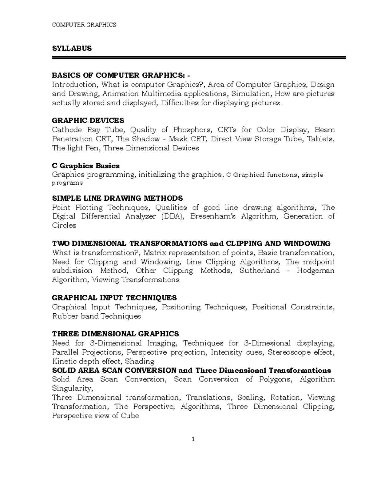 Computer Graphics Useful COMPUTER GRAPHICS SYLLABUS BASICS OF