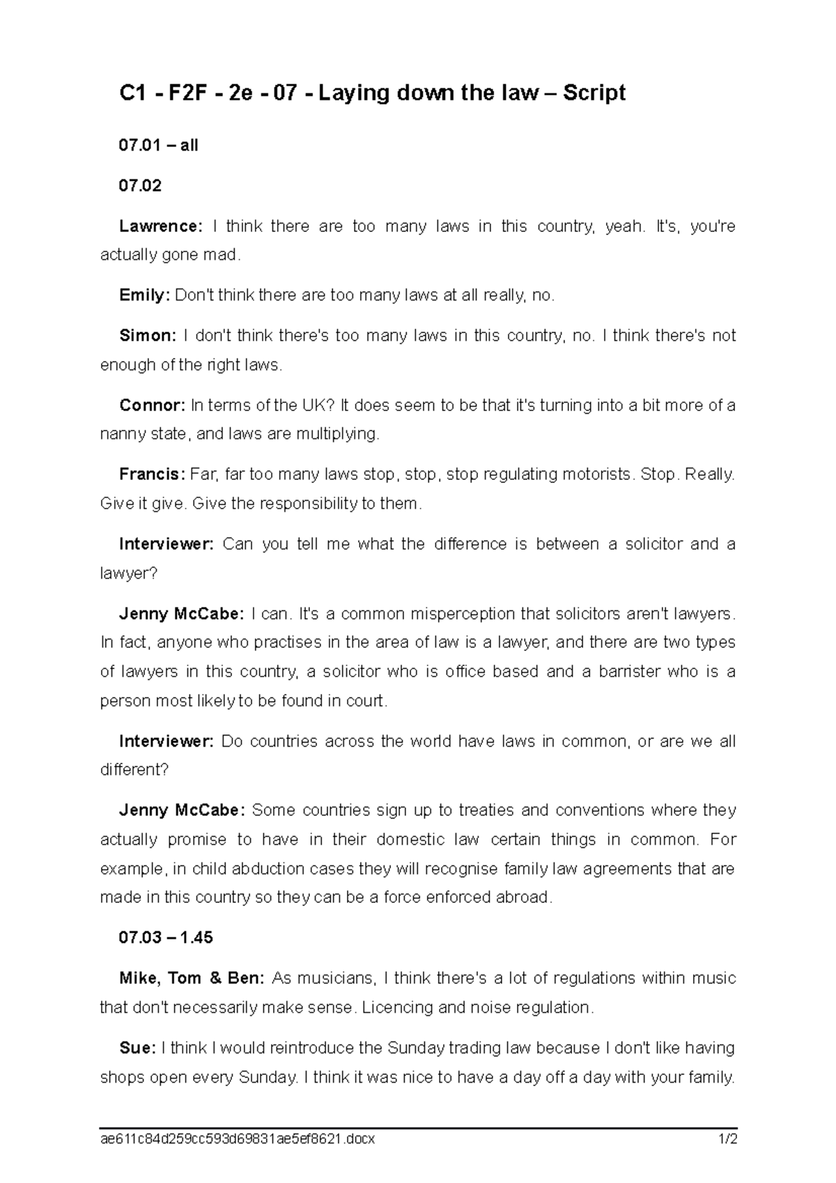 C1 - F2F - 2e - 07 - Laying down the law - Script - Lawrence: I think ...