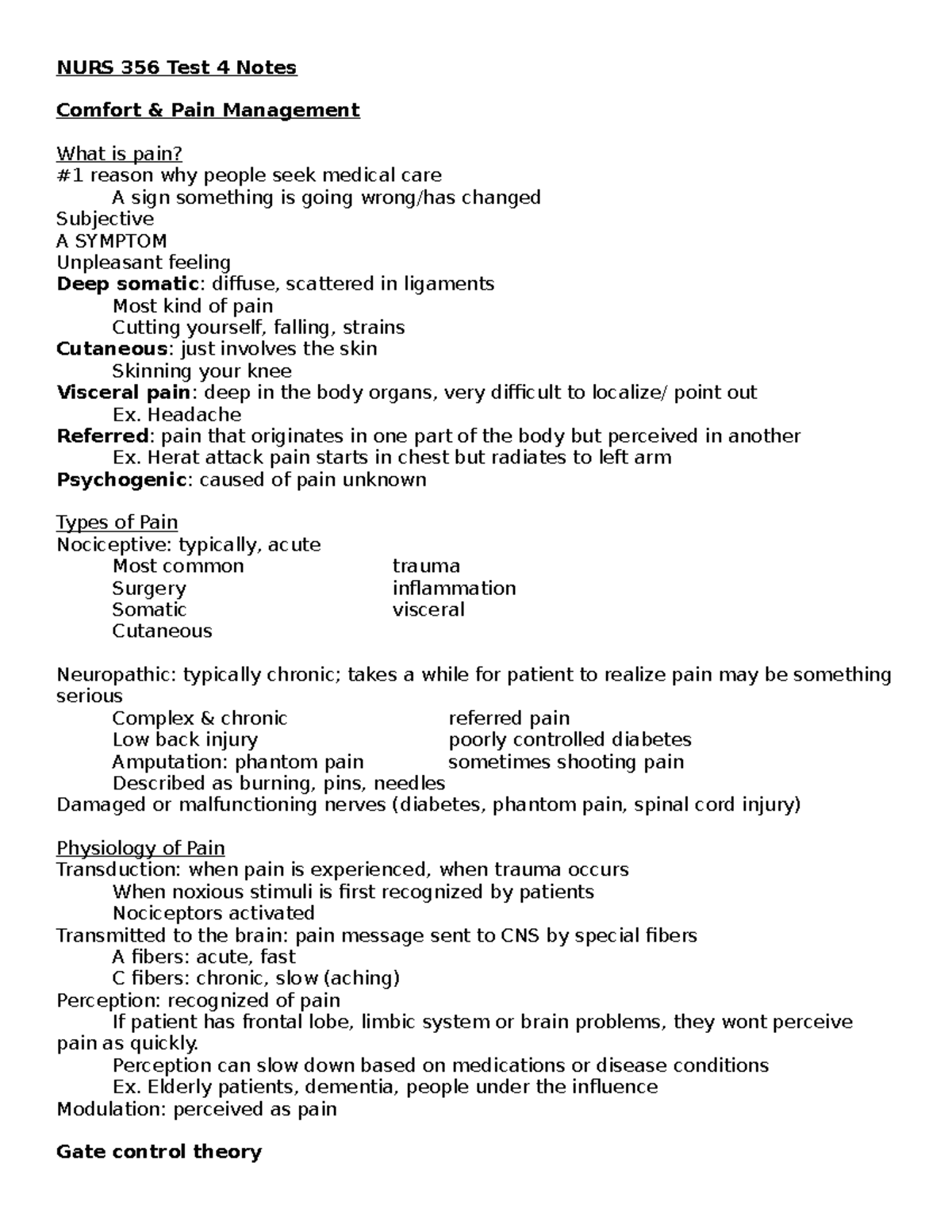 NURS 356 Test 4 Notes - Outline for all the lectures leading up to Test ...