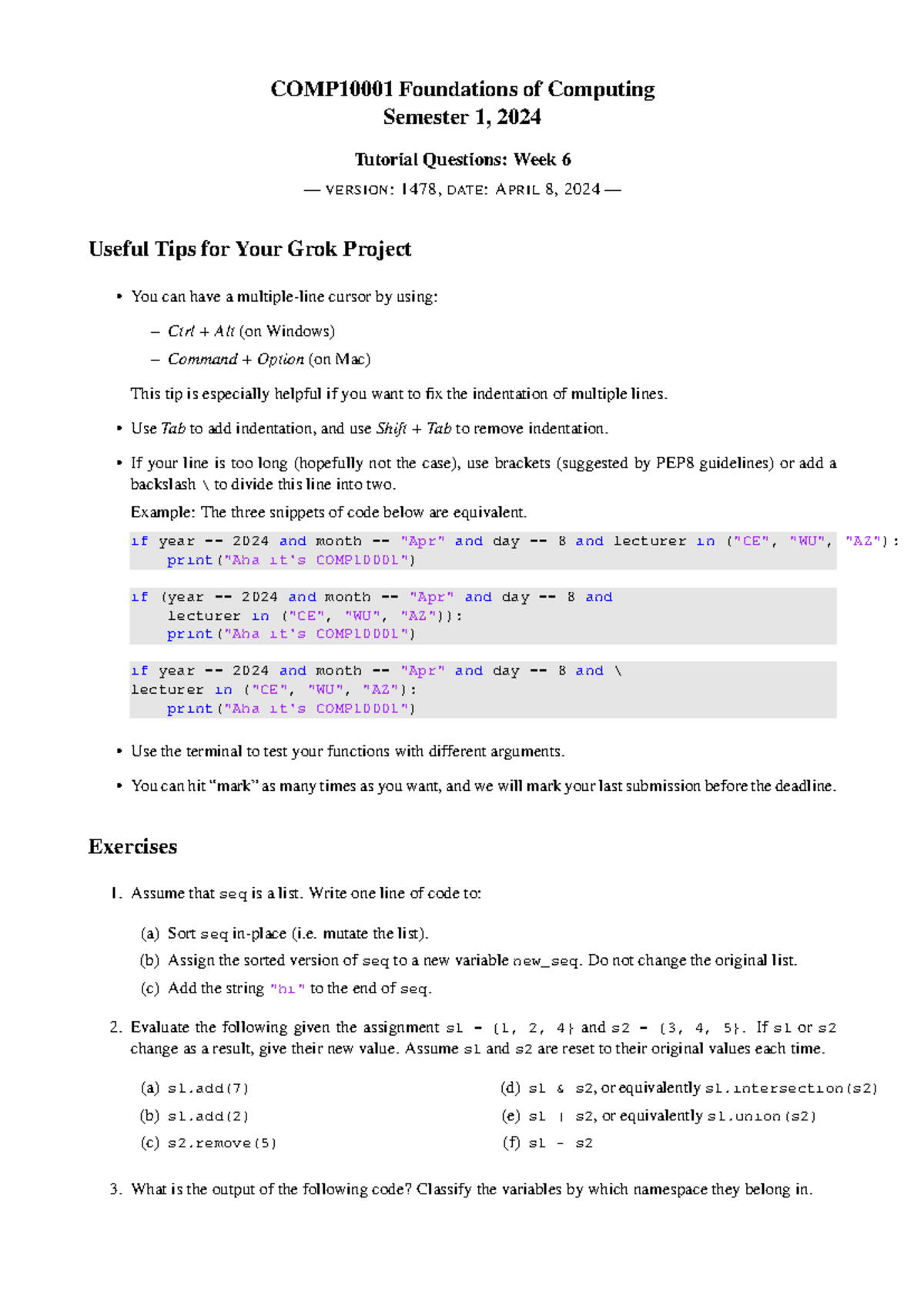 Tutesheet week6 - Foundation of computing tutorial sheet - COMP10001 ...
