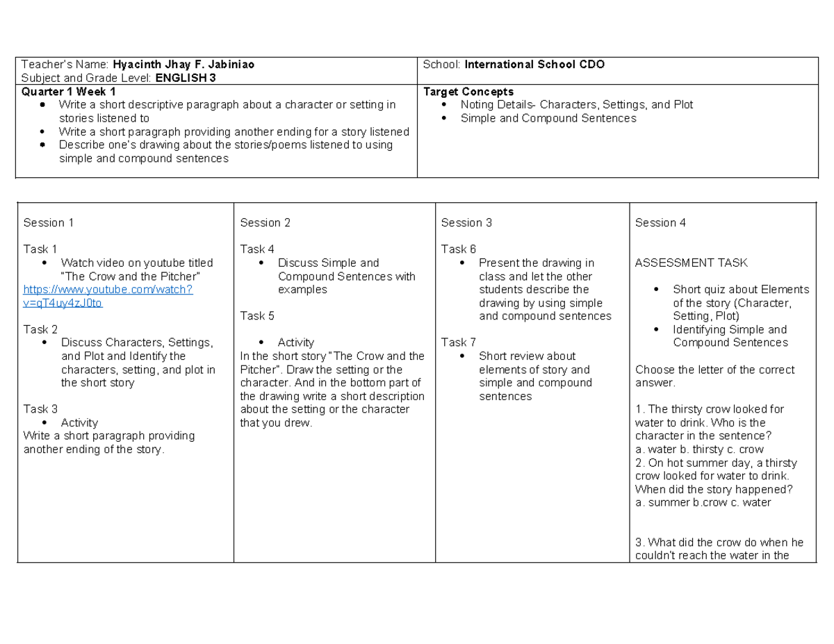 Grade 3 Lesson Plan Week 1- Grade school - Session 1 Task 1 Watch video ...