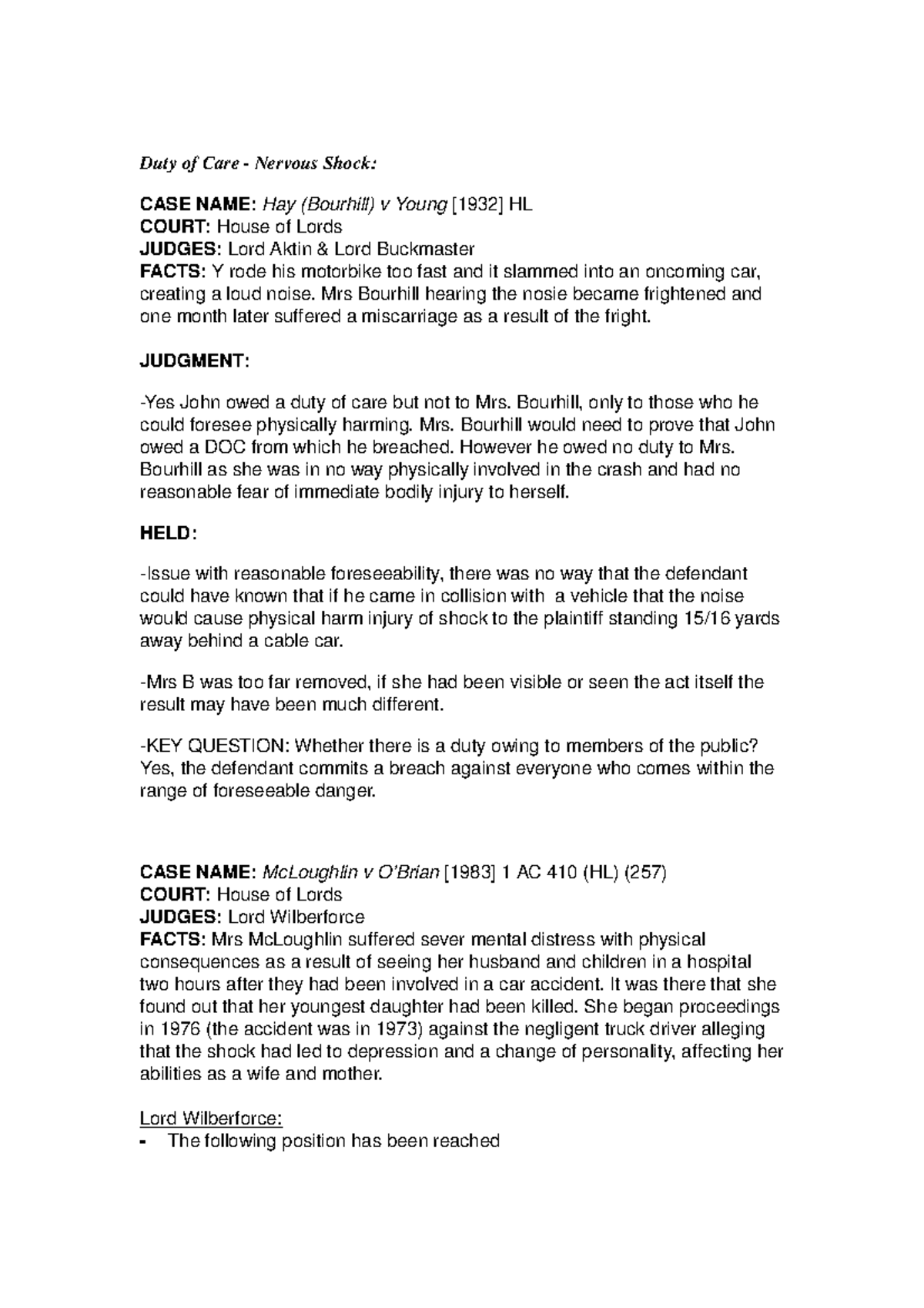 Nervous Shock SUmmary - Duty of Care Nervous Shock: CASE NAME: Hay ...