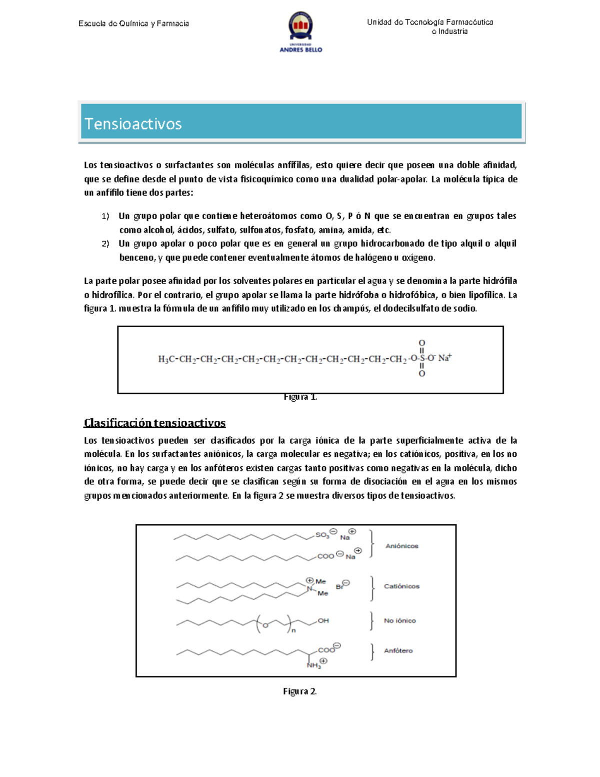 TBL Tensoactivos (202220) - Tensioactivos Escuela de Química y Farmacia ...