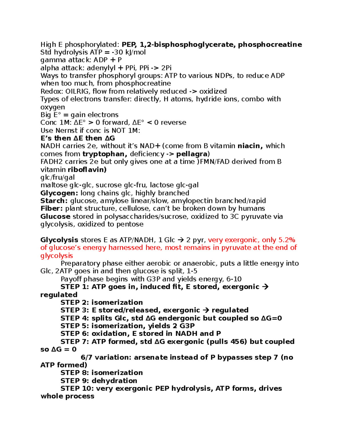 Biochem II EXAM 1 Lecture Notes - High E phosphorylated: PEP, 1,2 ...