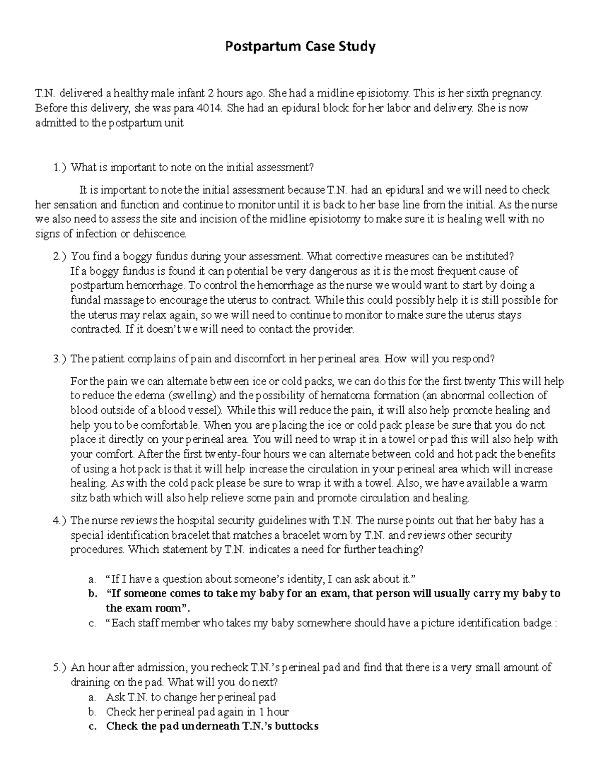 Casestudy 113 - case study - Postpartum Case Study T. delivered a ...