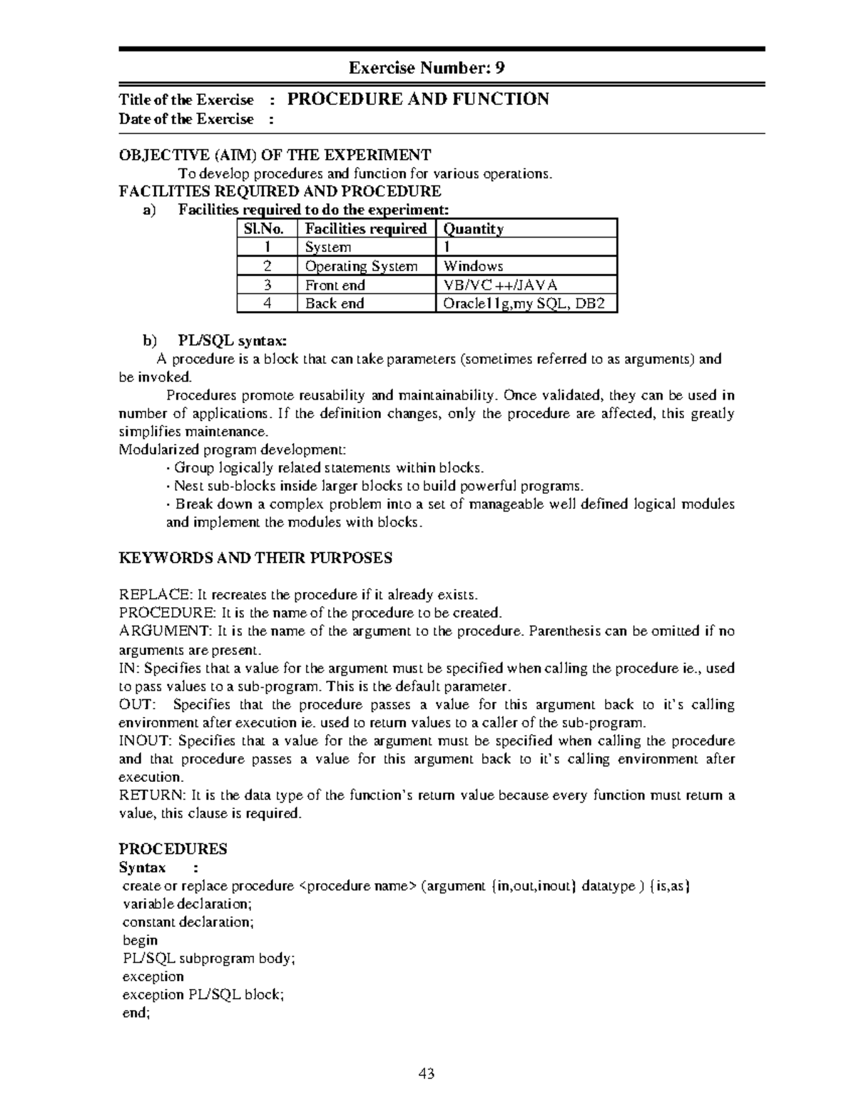 8 Procedure and Function - Exercise Number: 9 Title of the Exercise ...