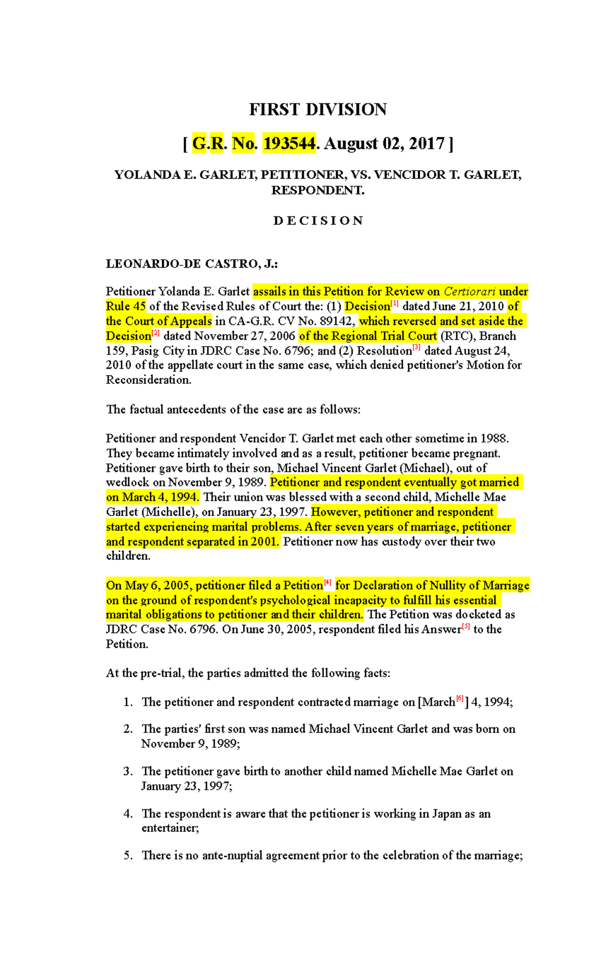 Garlet vs. Garlet - FIRST DIVISION [ G. No. 193544. August 02, 2017 ...