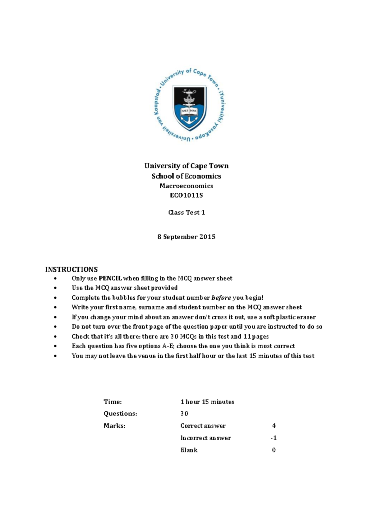 ECO1011S Test 1 - 2015 - University of Cape Town School of Economics ...