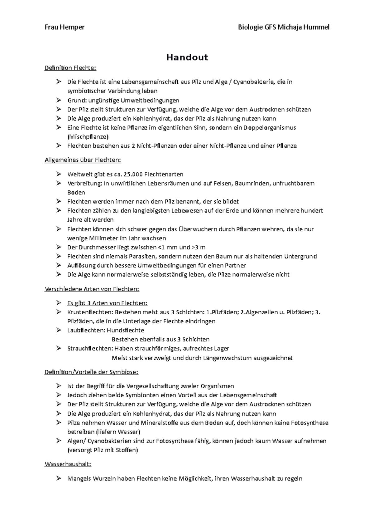 Handout - Flechten - Frau Hemper Biologie GFS Michaja Hummel Handout Definition Flechte: Die ...