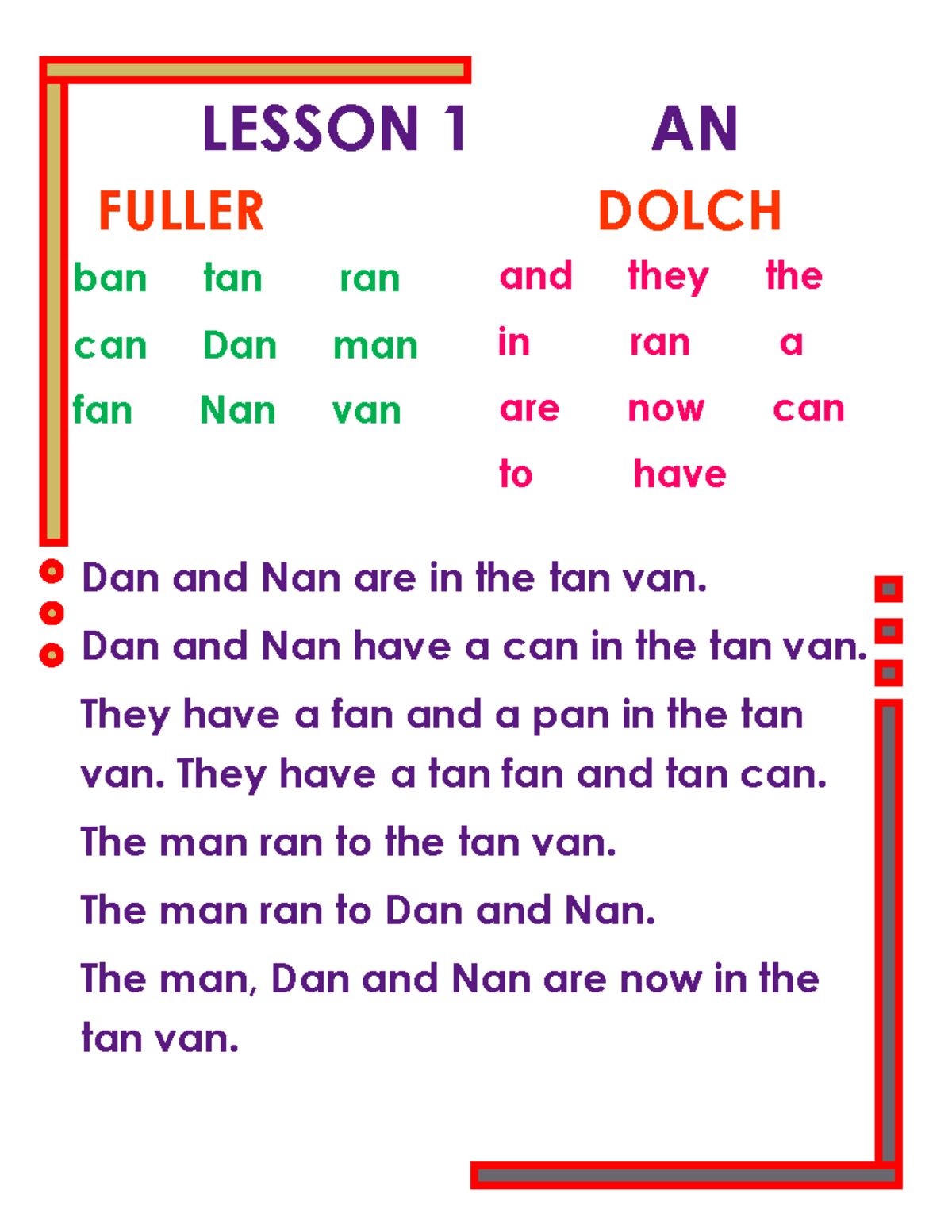 Reading materials lessson 1-20 - LESSON 1 AN FULLER DOLCH ban tan ran ...