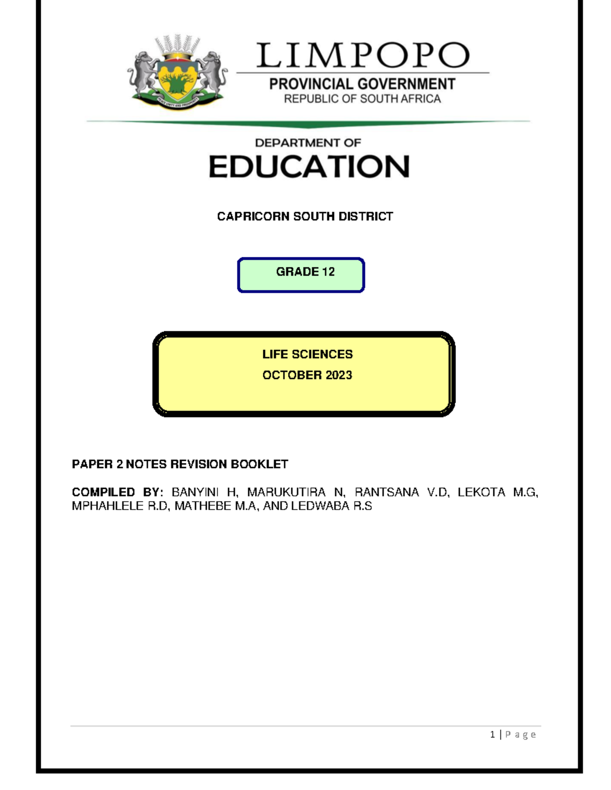 LFSC Revision Brief Notes Booklet P2 LAST PUSH Capricorn South ...