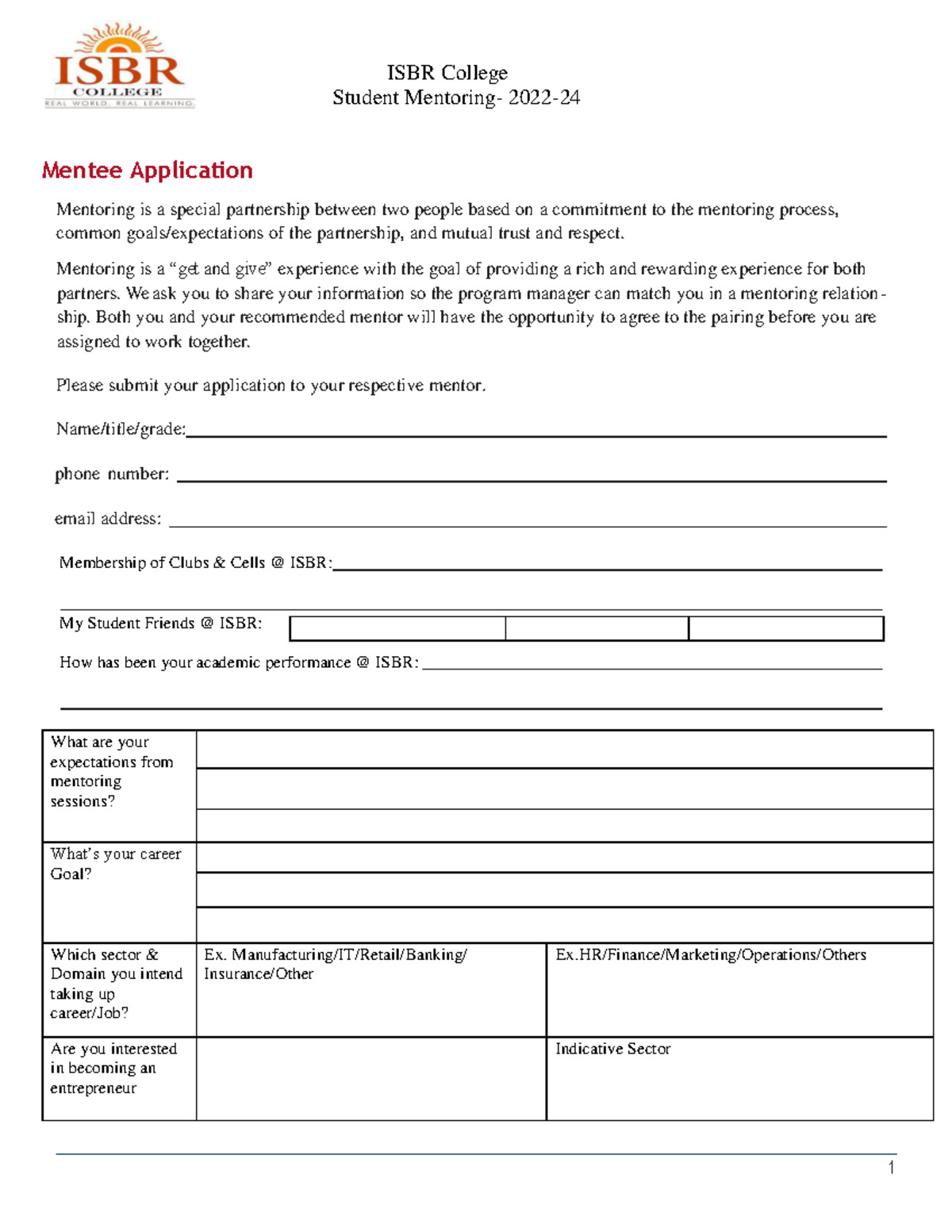 Mentoring form and Guidelines - Student Mentoring- 2022- Mentee ...