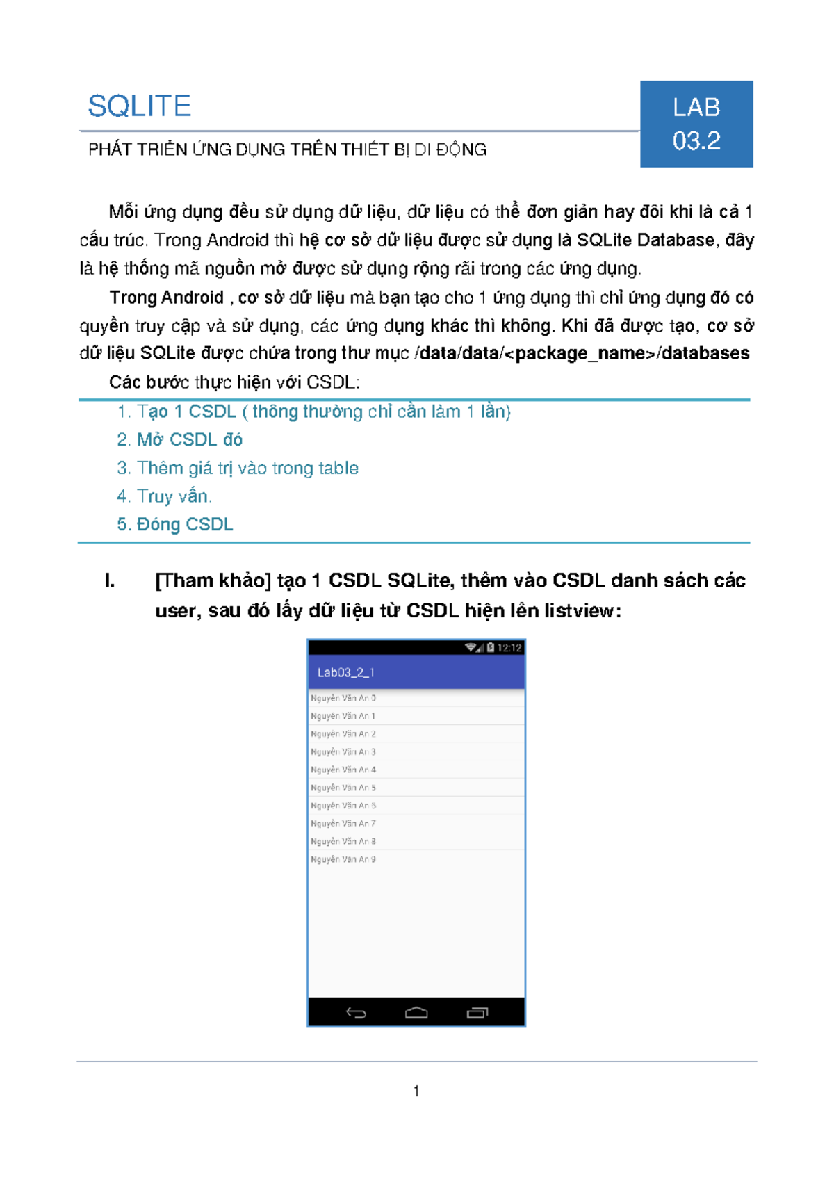 Lab03 SQLite-1 - Mobile App - PHÁT TRIỂN ỨNG DỤNG TRÊN THIẾT BỊ DI ĐỘNG ...