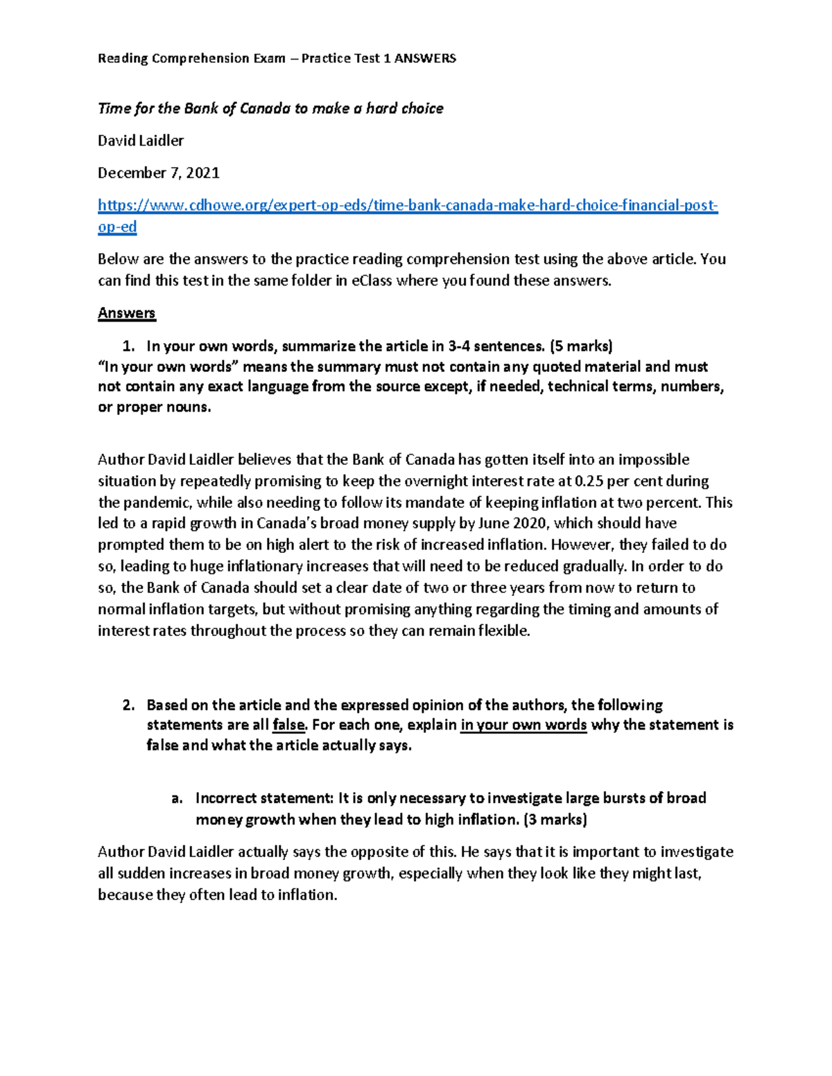 Answers Practice Test 1 Inflation and interest - Reading Comprehension ...