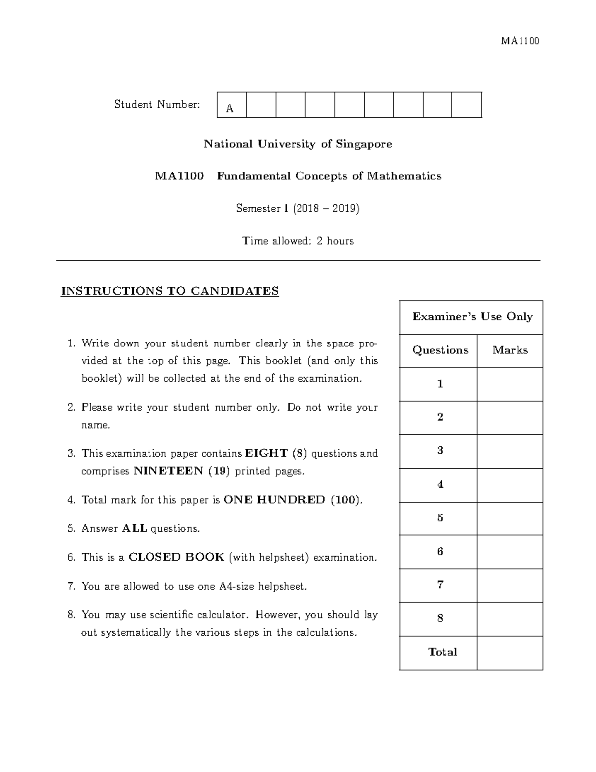 AY 18:19 - TEST PAPER - MA Student Number: A National University of ...