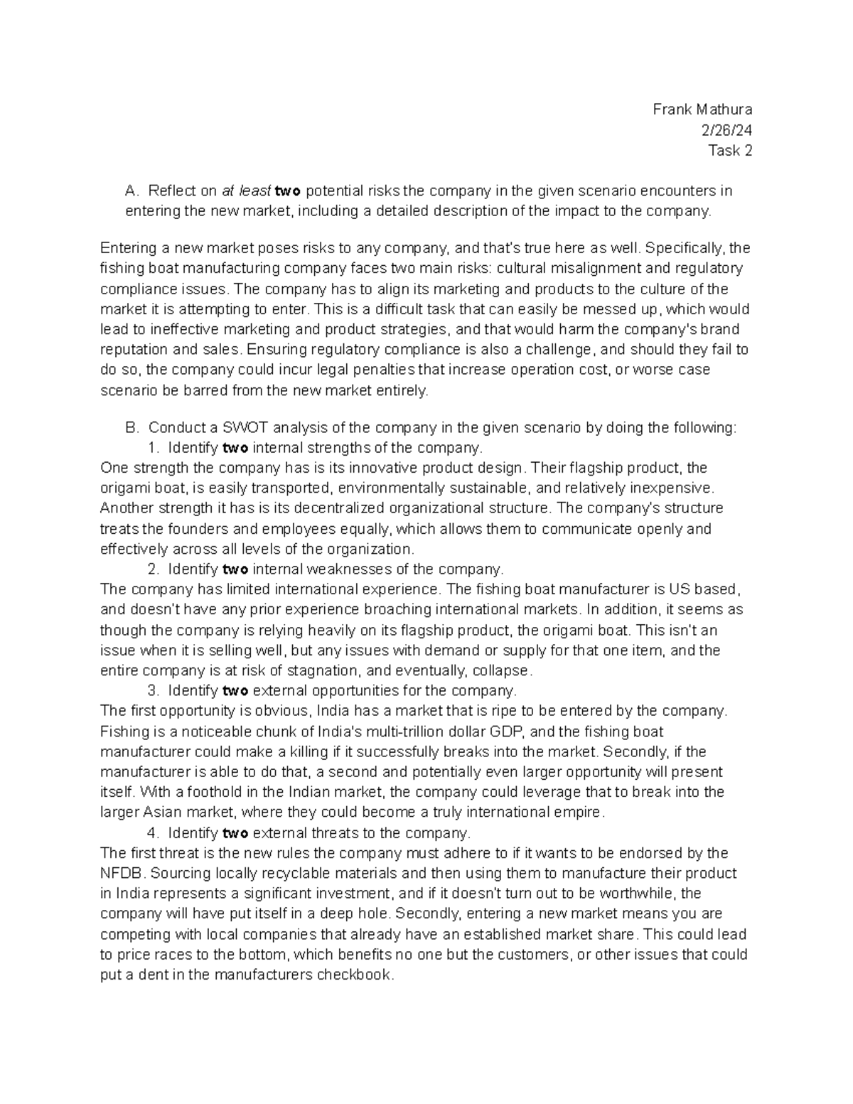 QBM2 QBM2 Task 2 Risk Analysis - Frank Mathura 2/26/ Task 2 A. Reflect ...