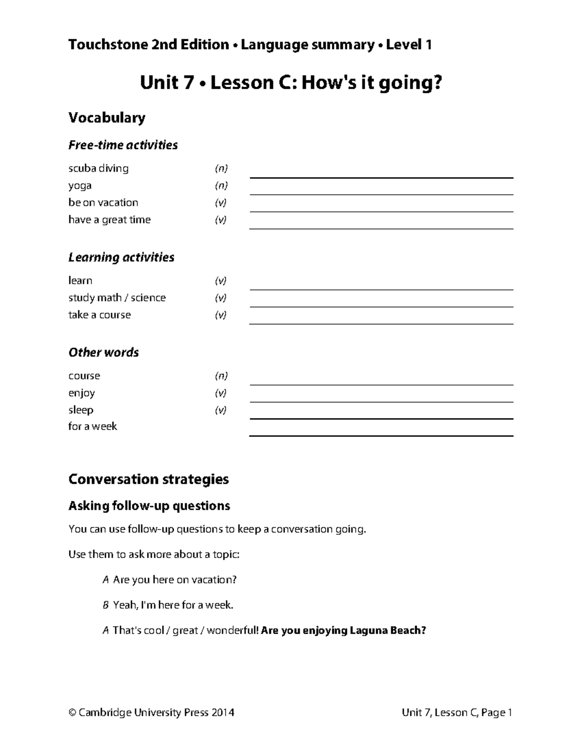 TS2e L1 U7 LC Langsum 36269 - Touchstone 2nd Edition • Language summary • Level 1 Unit 7 ...