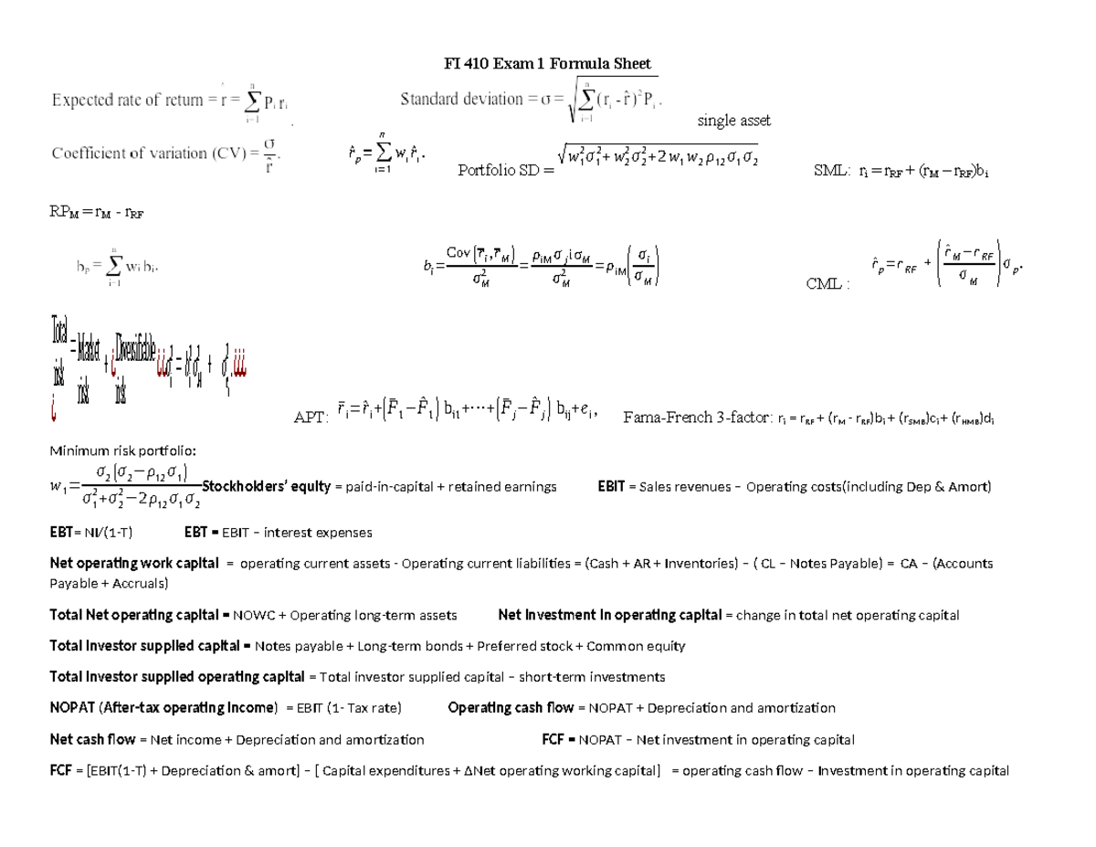 FI 410 Exam 1 Formula Sheet Fall 2020 Ch 2, 3, 6, 8 - FI 410 Exam 1 ...