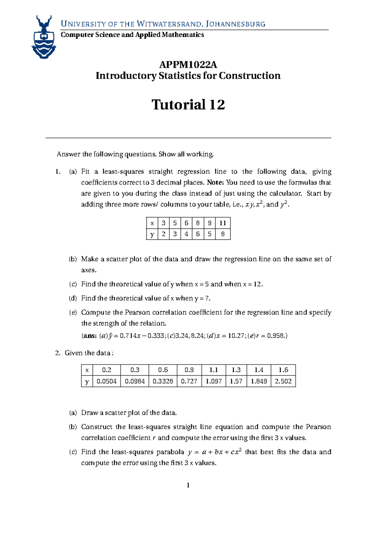 Tutorial 12 - UNIVERSITY OF THE WITWATERSRAND, JOHANNESBURG Computer ...