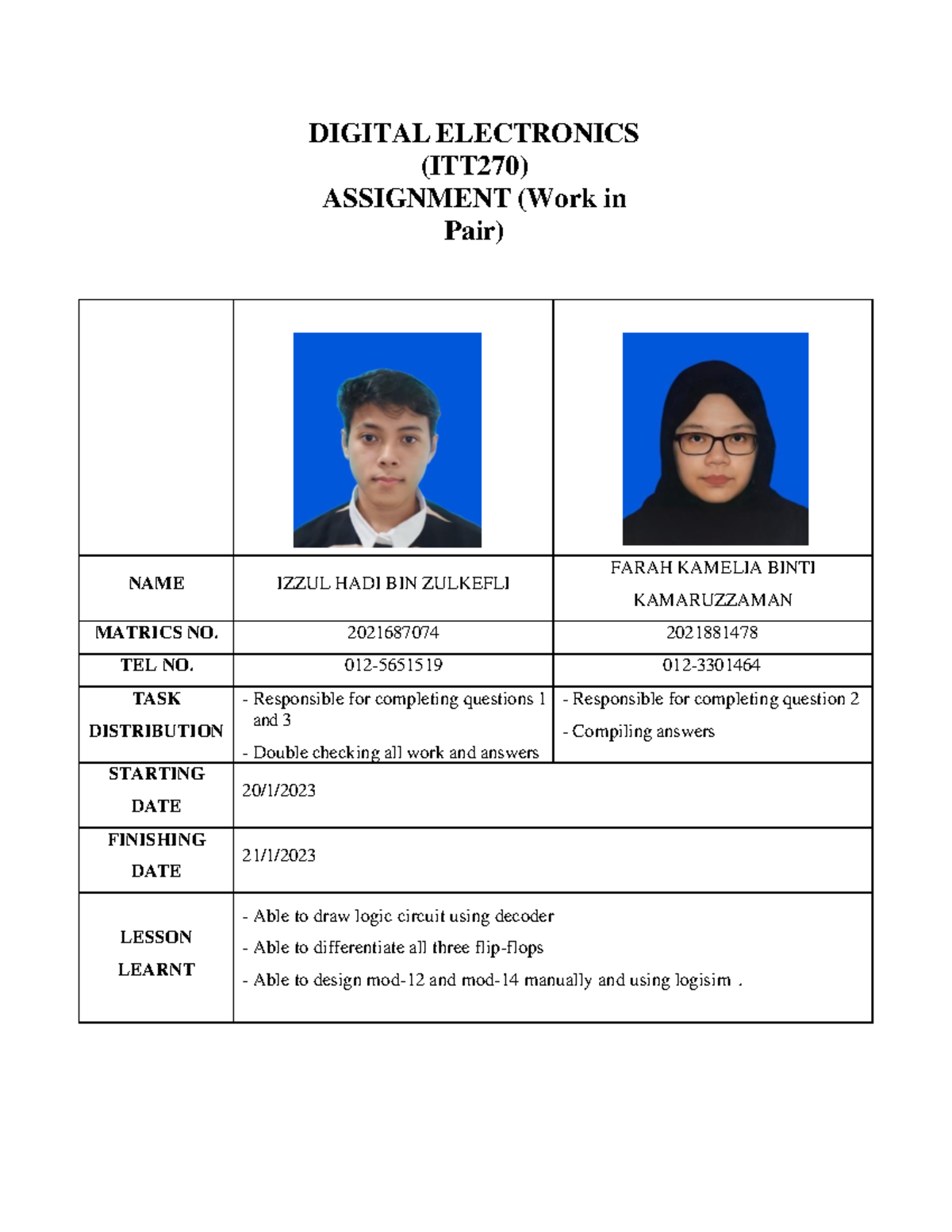ITT270 Task3 RCS1103A 2021687074 2021881478 - DIGITAL ELECTRONICS (ITT270) ASSIGNMENT (Work in ...