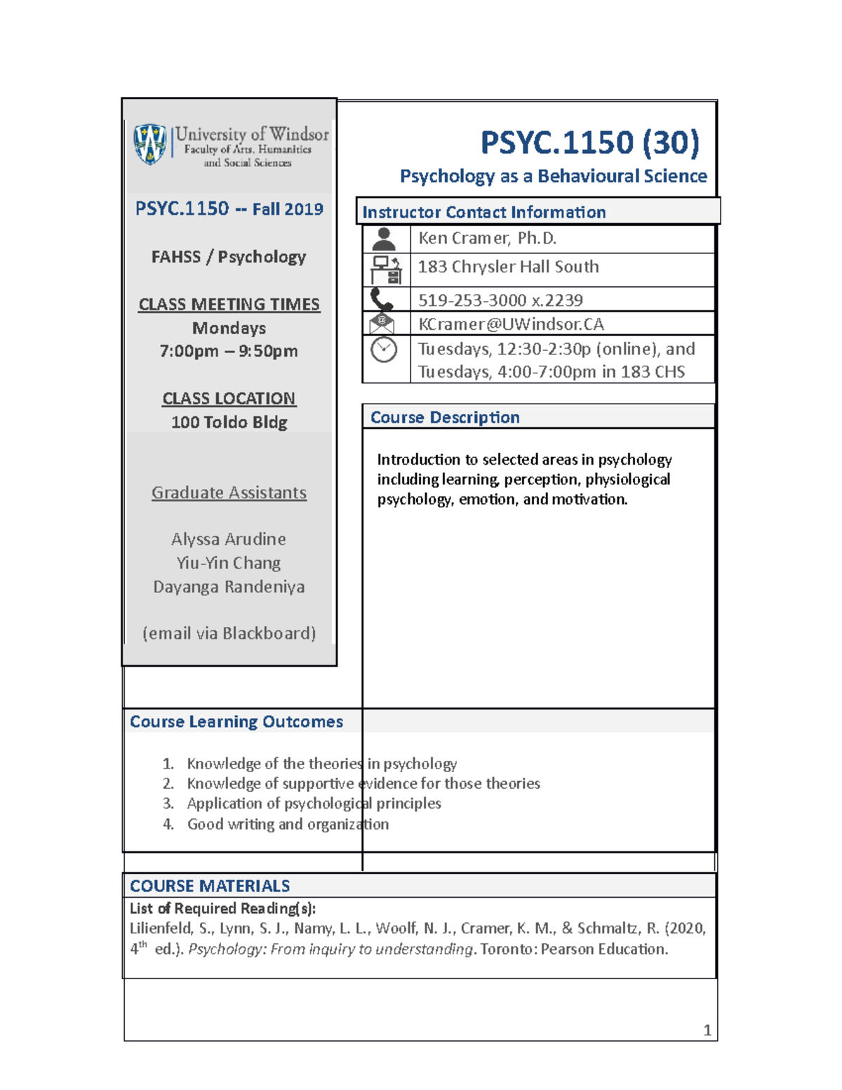 Syllabus PSYC 1150 - PSYC (30) Psychology as a Behavioural Science ...