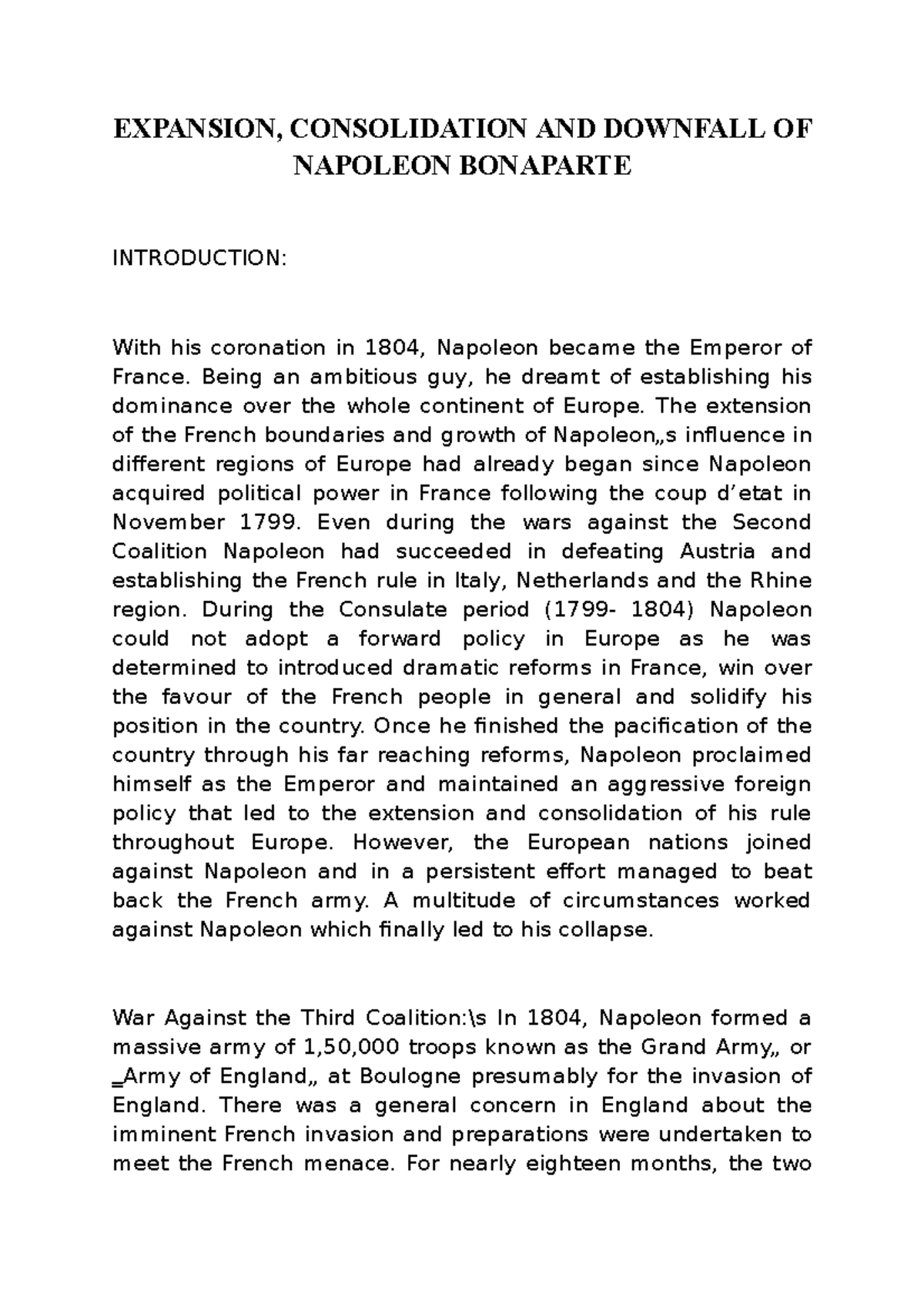 Expansion, Consolidation AND Downfall OF Napoleon Bonaparte - EXPANSION ...