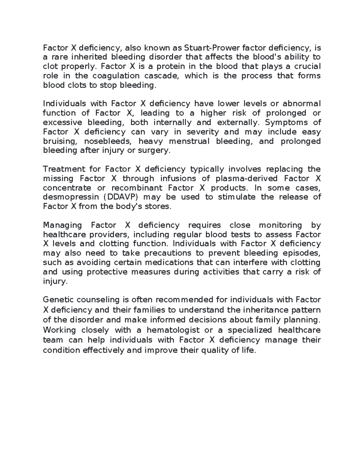 Factor X deficiency - Factor X is a protein in the blood that plays a ...