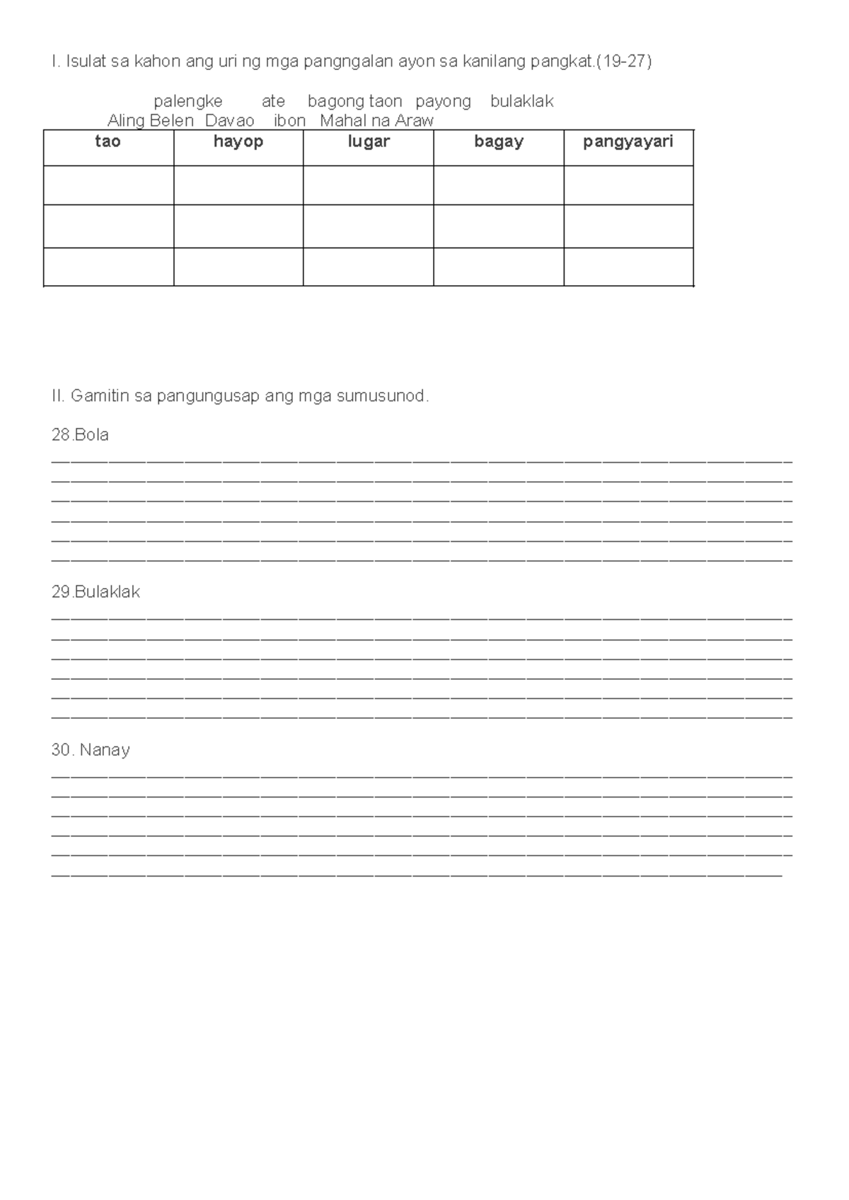 2 - TEST FOR GRADE 3 PUPILS - I. Isulat sa kahon ang uri ng mga ...