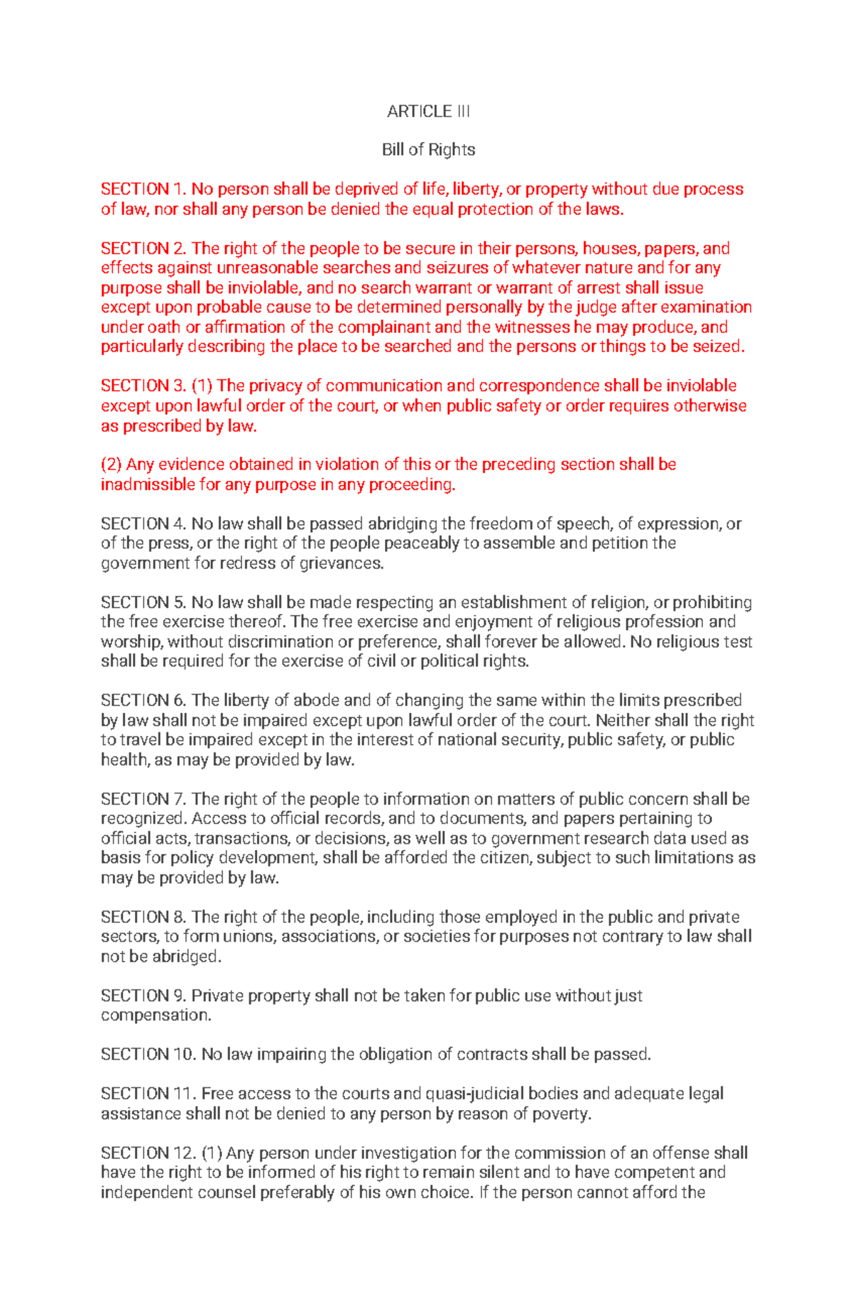 Bill of Rights Article III - ARTICLE III Bill of Rights SECTION 1. No ...