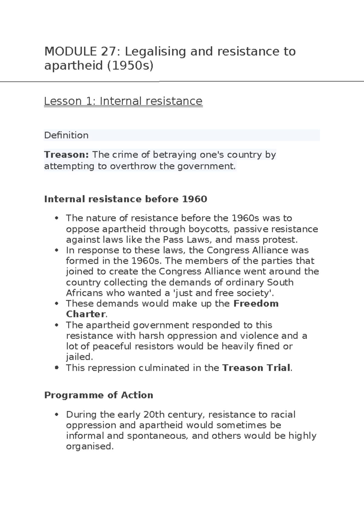 Module 27- Legalising and resistance to apartheid (1950s) - MODULE 27 ...