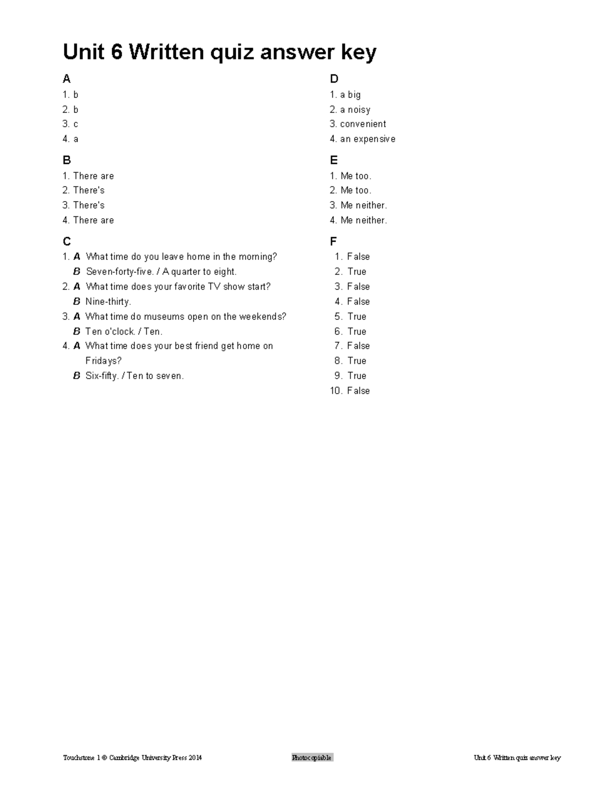 Course 2 UNIT 6 Written QUIZ Answer KEY - Touchstone 1 © Cambridge ...
