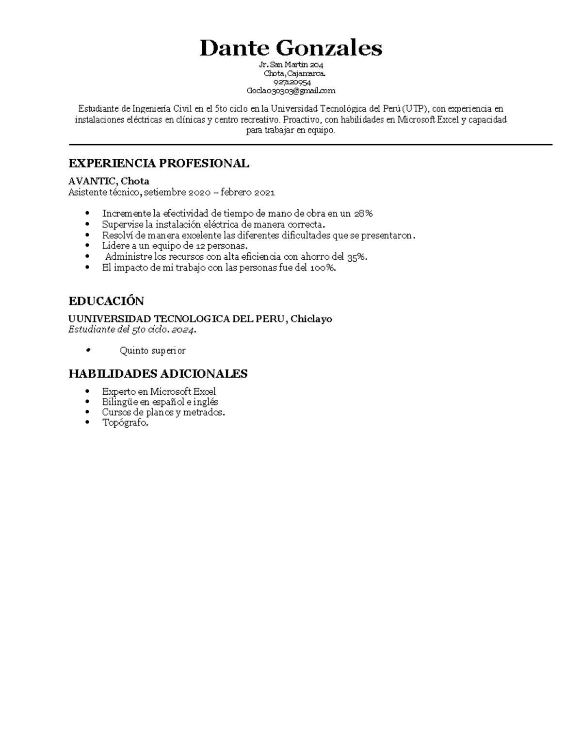 CV Dante Gonzales Claudio - Dante Gonzales Jr. San Martin 204 Chota ...