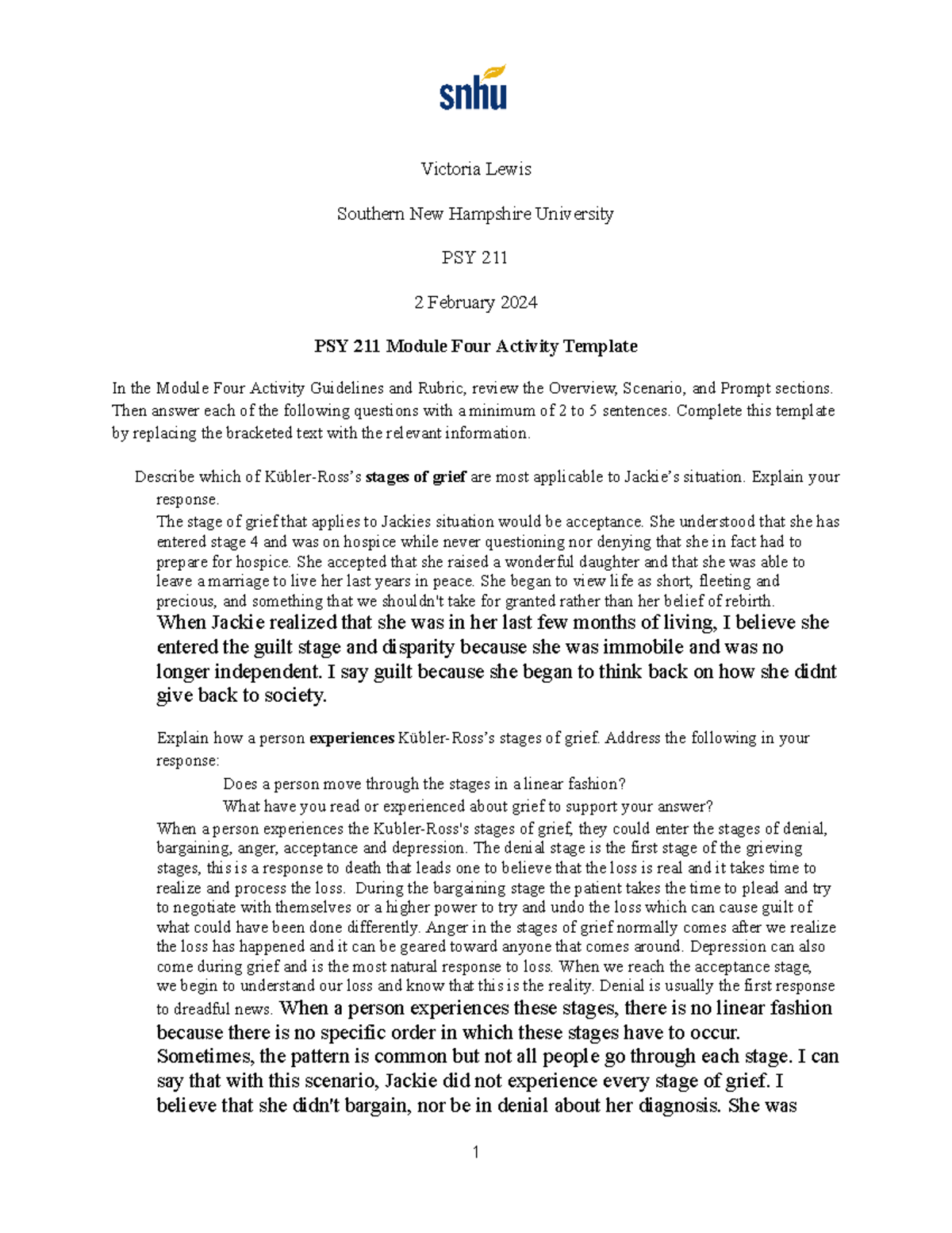 PSY 211 Module Four Activity Template - Then answer each of the ...