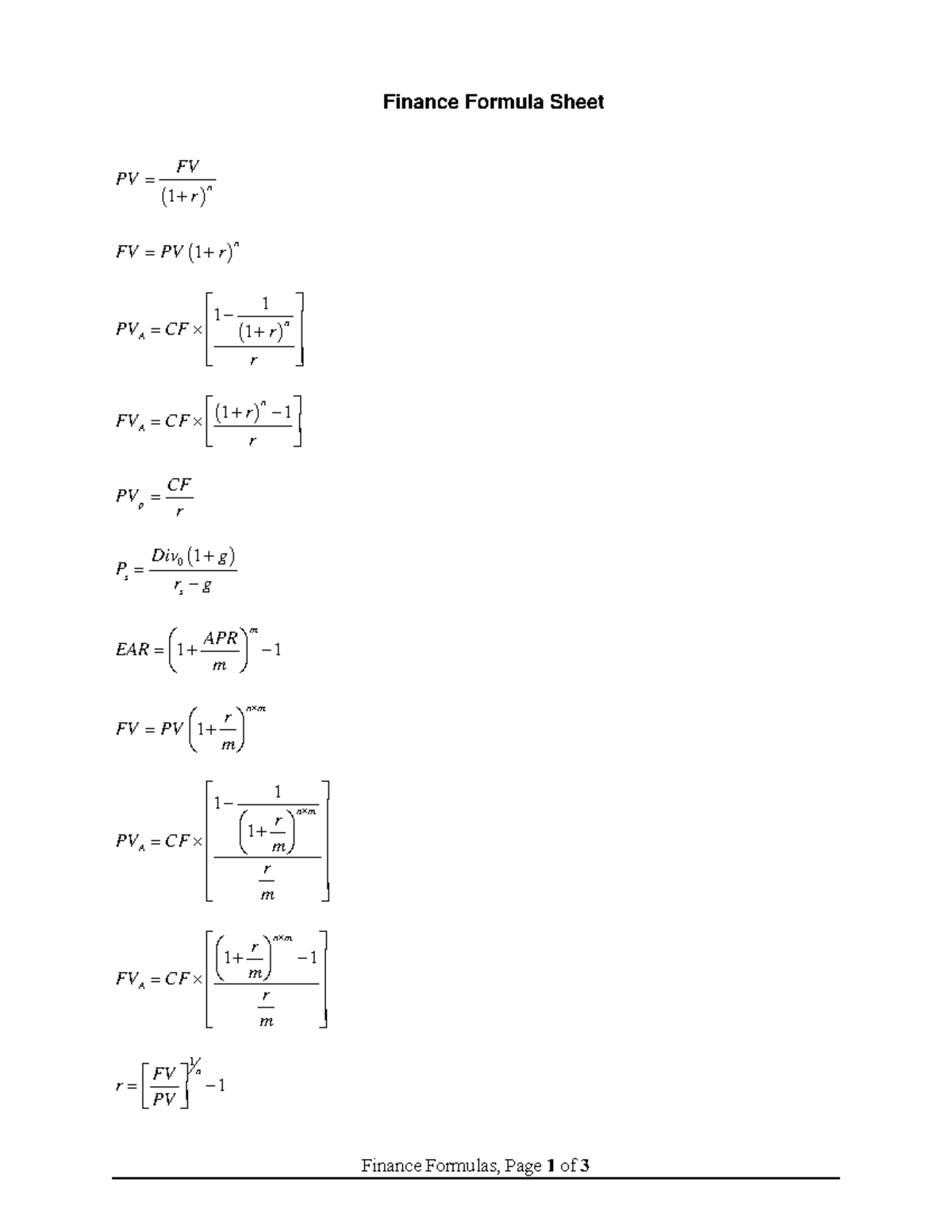 Finance-Formulas - Finance Formulas, Page 1 of 3 1 n FV PV r 1 n FV PV ...