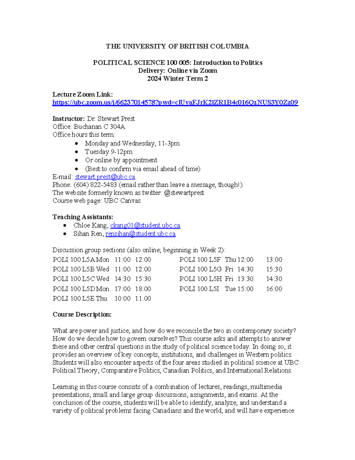 POLI-100-Prest - Course outline - THE UNIVERSITY OF BRITISH COLUMBIA ...