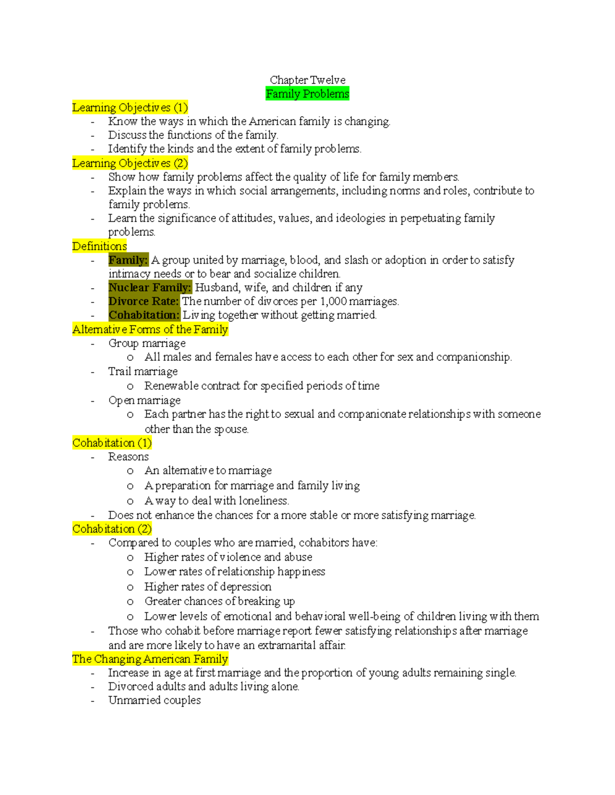 Chapter Twelve - Chapter Twelve Family Problems Learning Objectives (1 ...