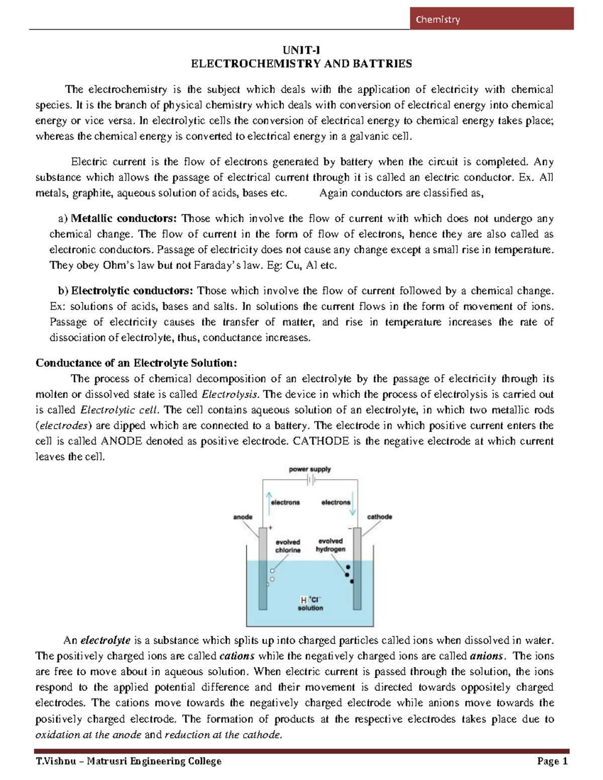UNIT-I- Electrochemistry AND Batteries - UNIT-I ELECTROCHEMISTRY AND ...