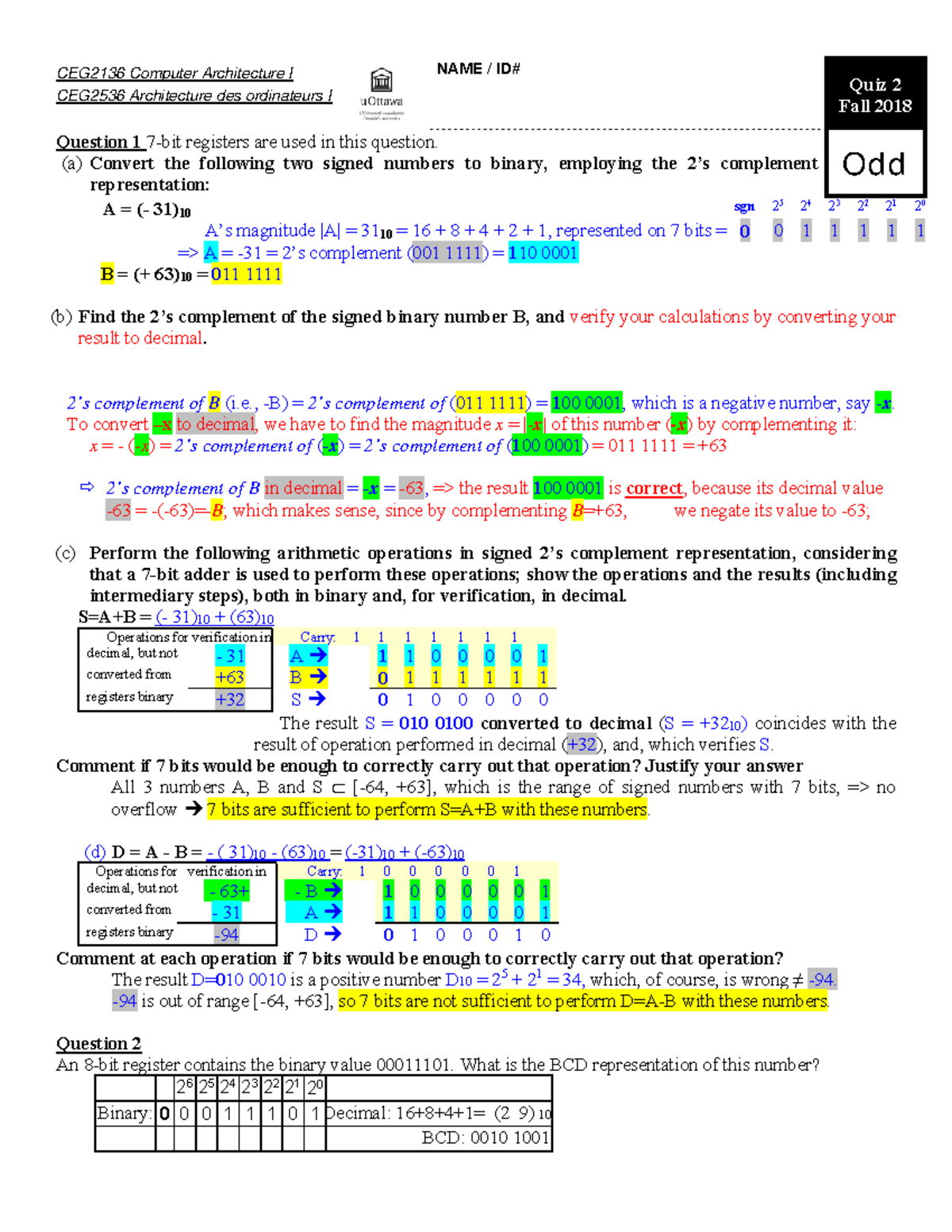 Quiz 2 2018, questions and answers - CEG2136 Computer Architecture I CEG2536 Architecture des ...
