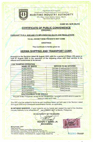 HSTC Certificate of Public Convenience Rider Amendment No 1 MTkr ...