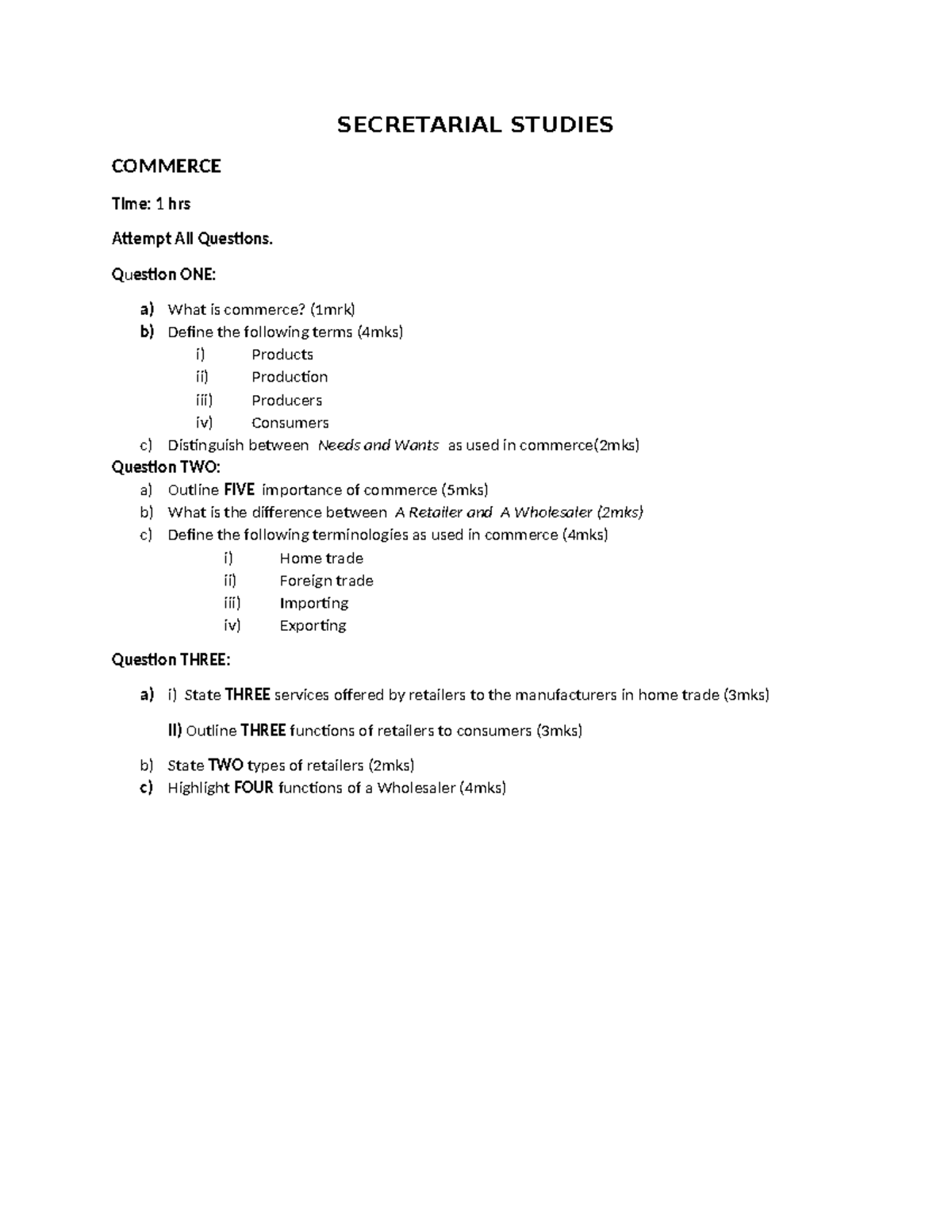 Commerce - GOOD NOTES - SECRETARIAL STUDIES COMMERCE Time: 1 hrs ...