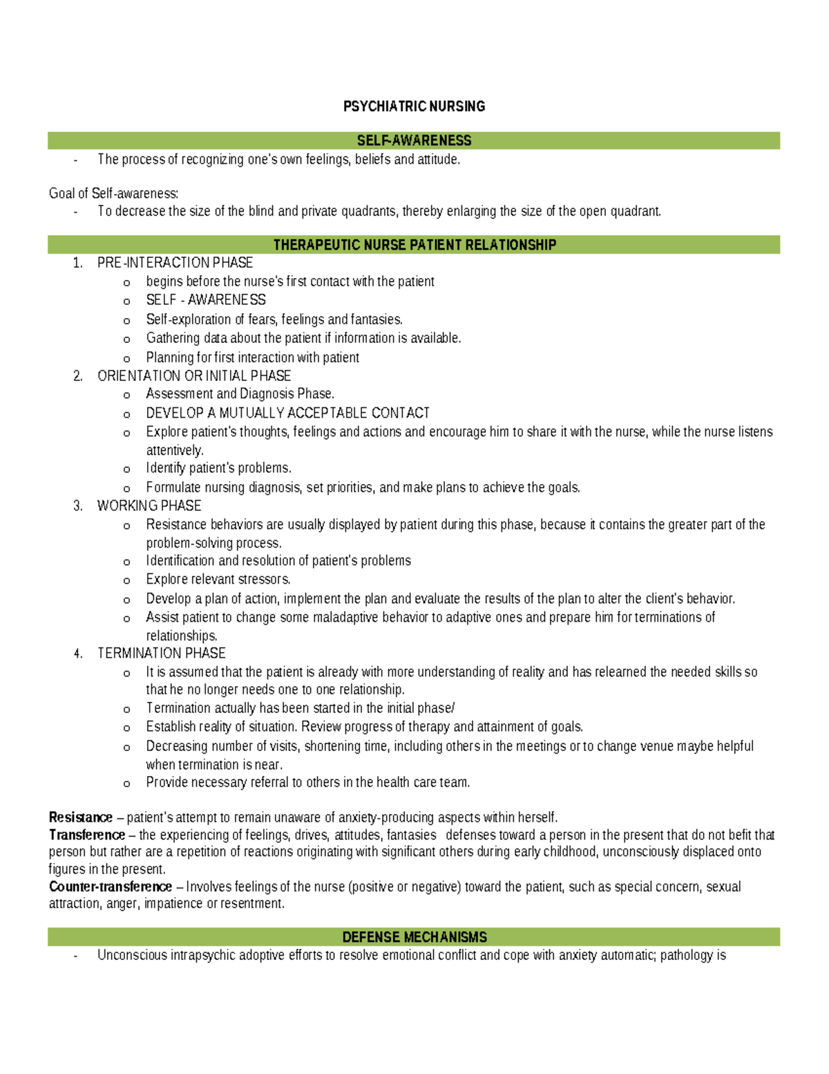 Psychiatric- Nursing- Notes - PSYCHIATRIC NURSING SELF-AWARENESS The ...