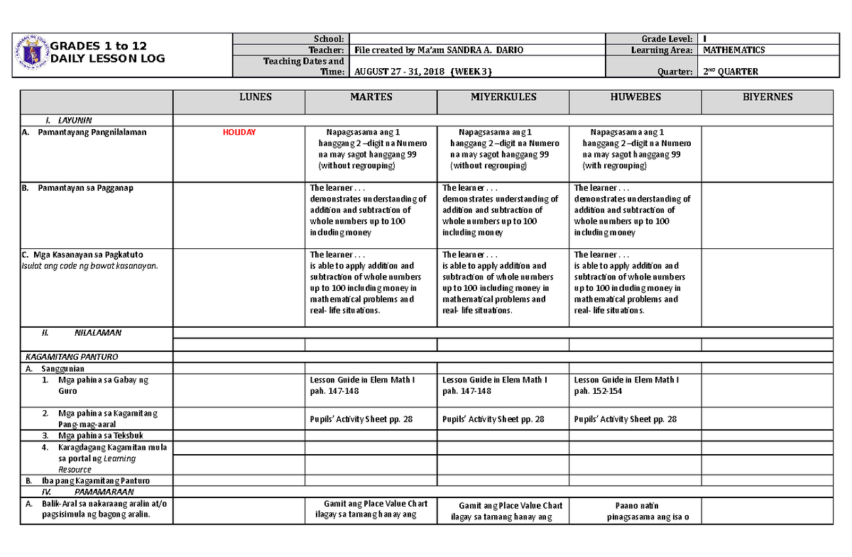 DLL Mathematics 1 Q2 W3 - GRADES 1 to 12 DAILY LESSON LOG School: Grade ...