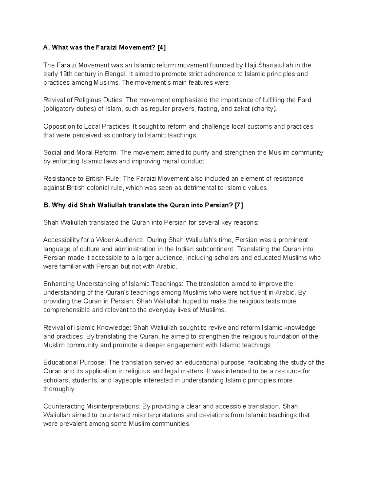 Chapter No 1 History Notes - A. What was the Faraizi Movement? [4] The ...