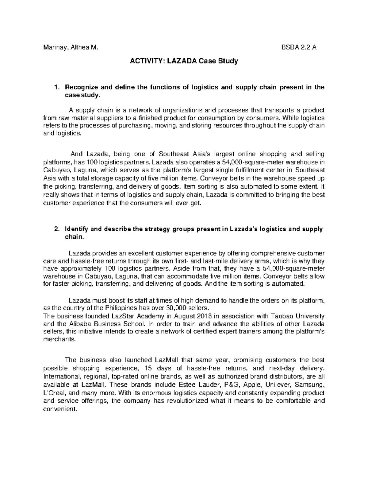 Activity 1 - Lazada - Case Study - Marinay, Althea M. BSBA 2 A ACTIVITY ...