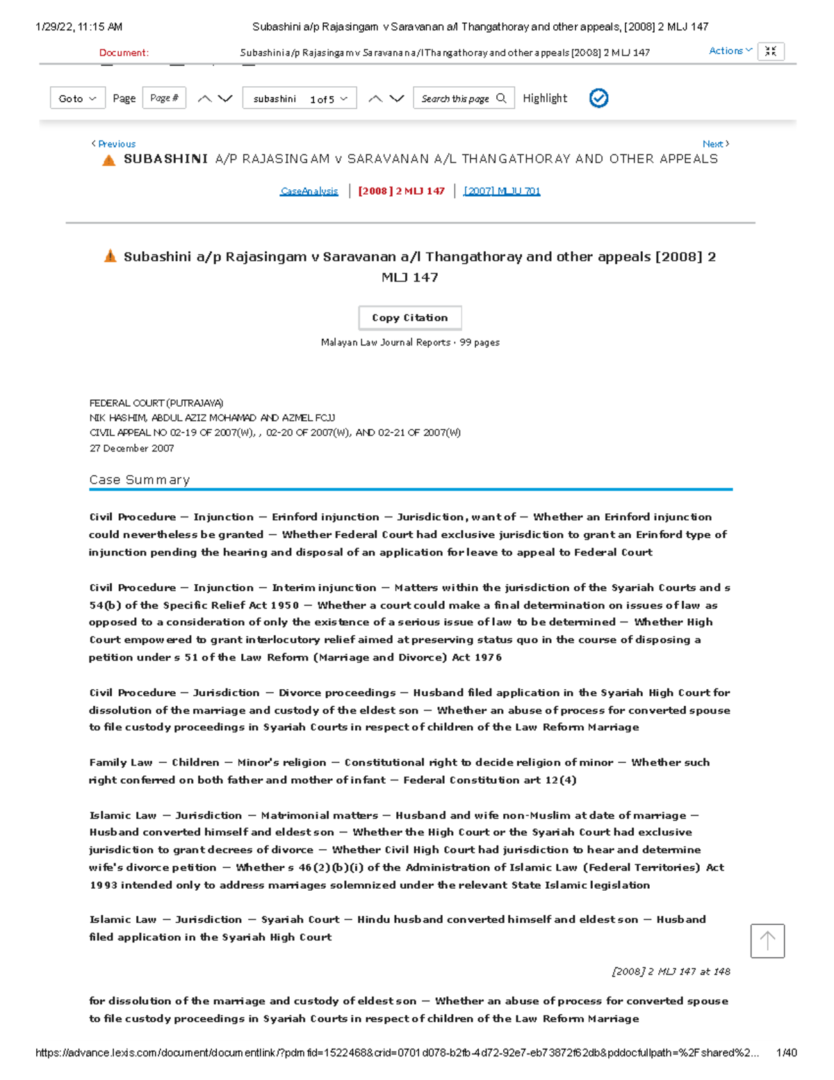 1. Subashini a p Rajasingam v Saravanan a l Thangathoray and other ...