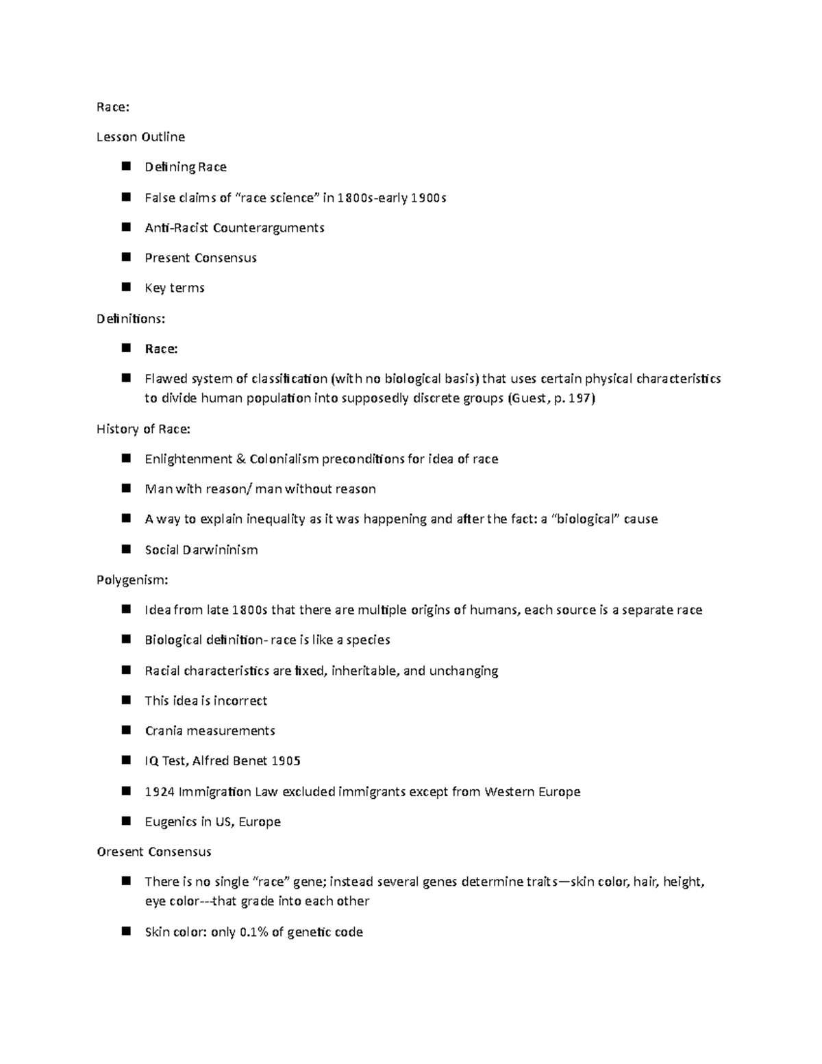 Race Notes - Race - Race: Lesson Outline Defining Race False claims of ...