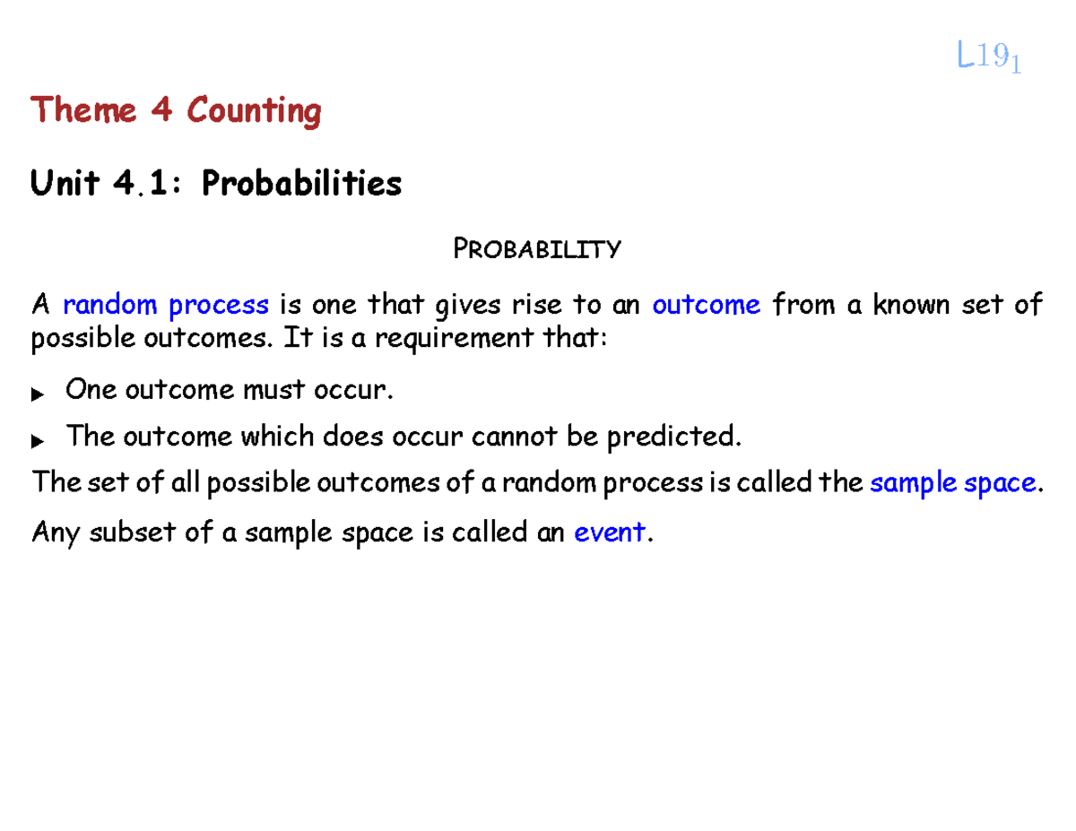 L19 Probability and Counting - Theme 4 Counting Unit 4: Probabilities ...