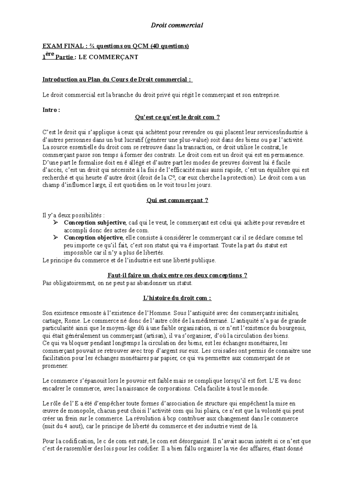 Cours Droit commercial 2 - EXAM FINAL : ¾ questions ou QCM (40 ...